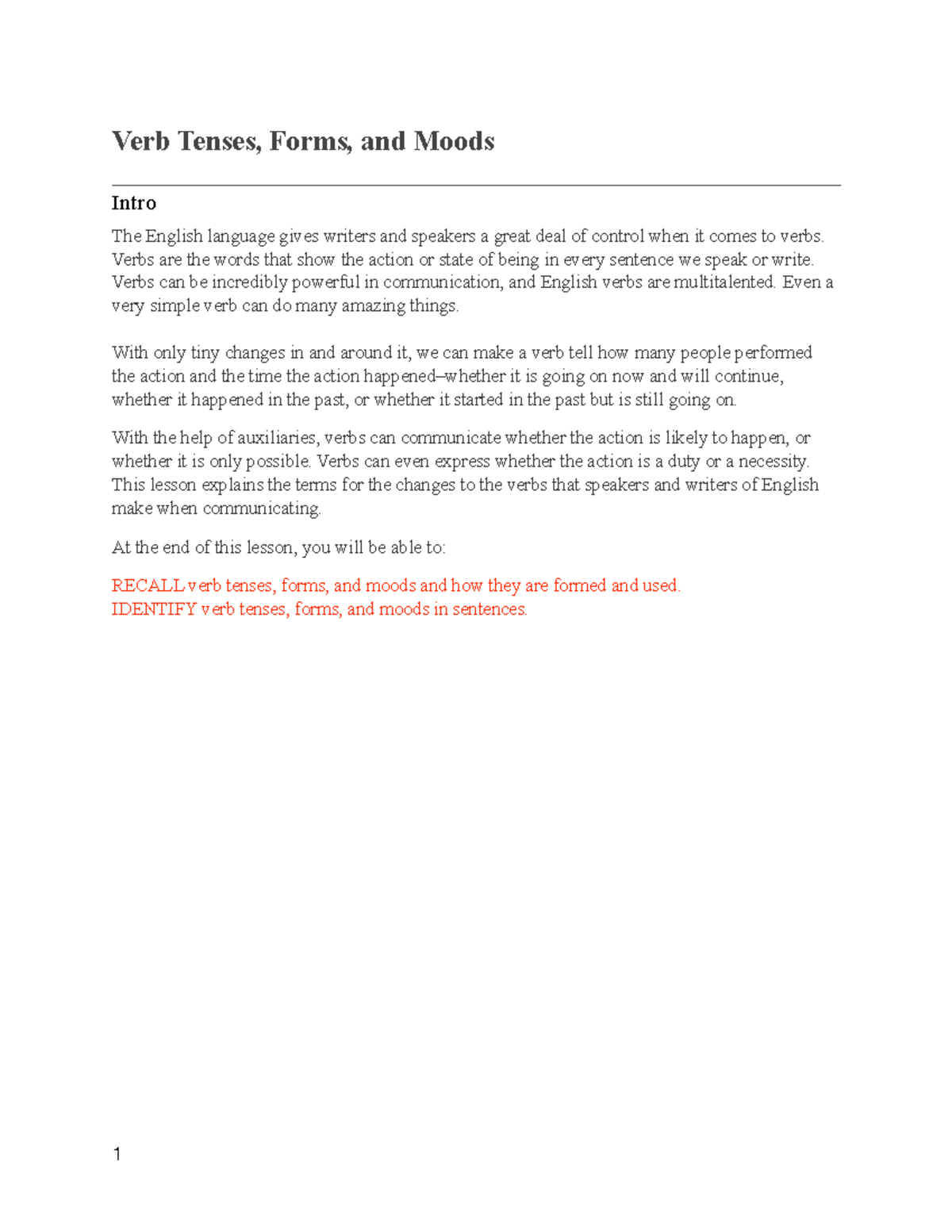 Verb Tenses, Forms, and Moods - Lesson 13 - Verb Tenses, Forms, and ...