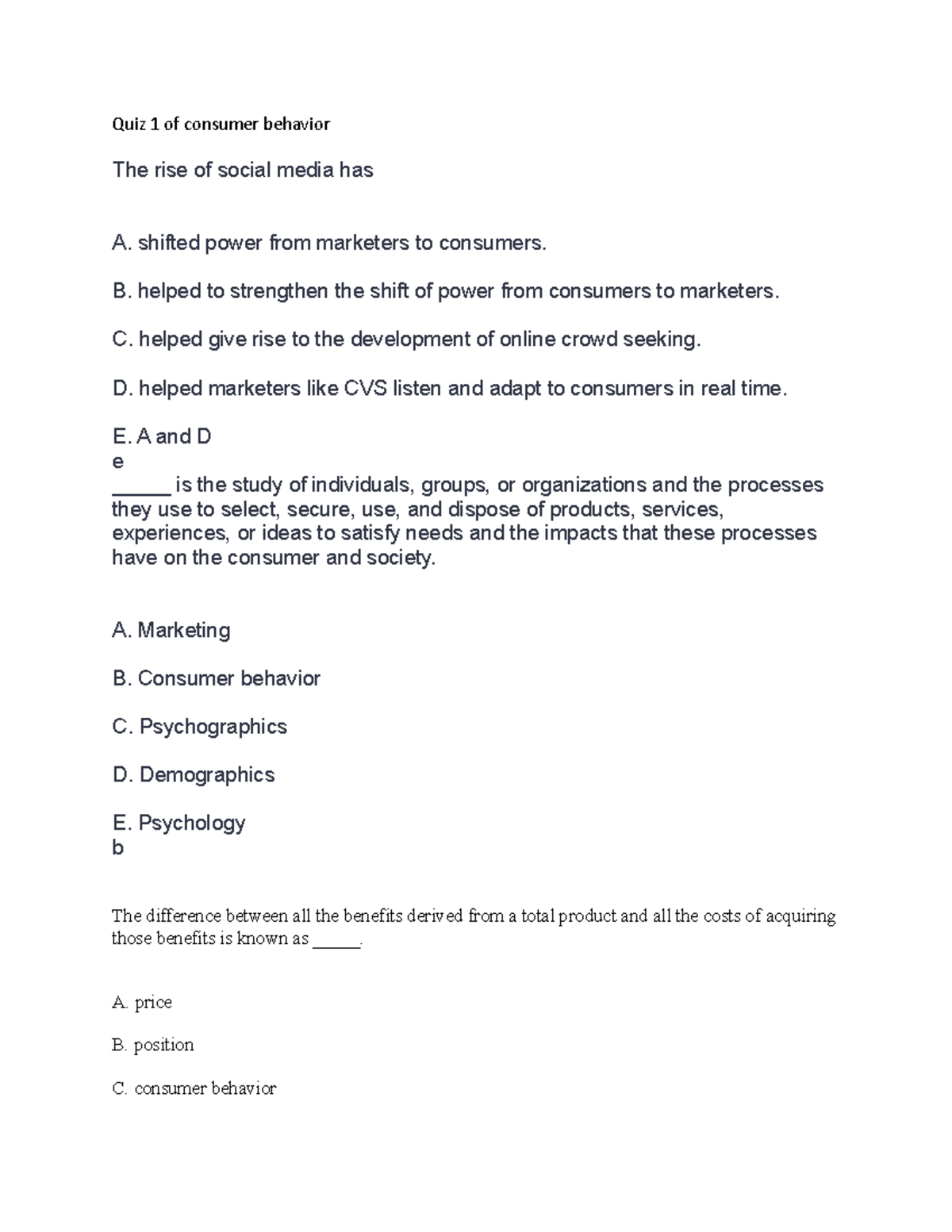 Quiz 1 of consumer behavior - Quiz 1 of consumer behavior The rise of ...