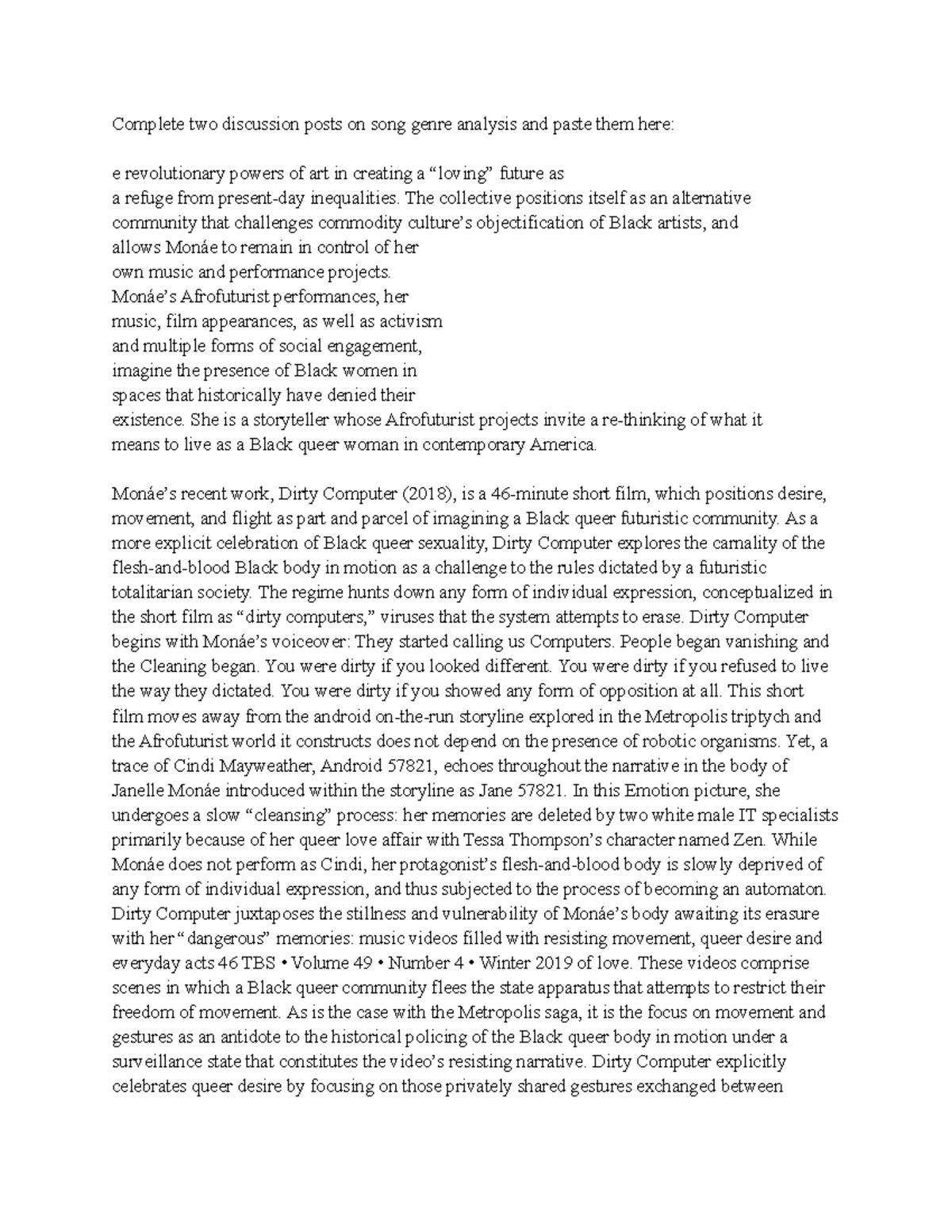 Essay 3 brainstorm - Complete two discussion posts on song genre ...