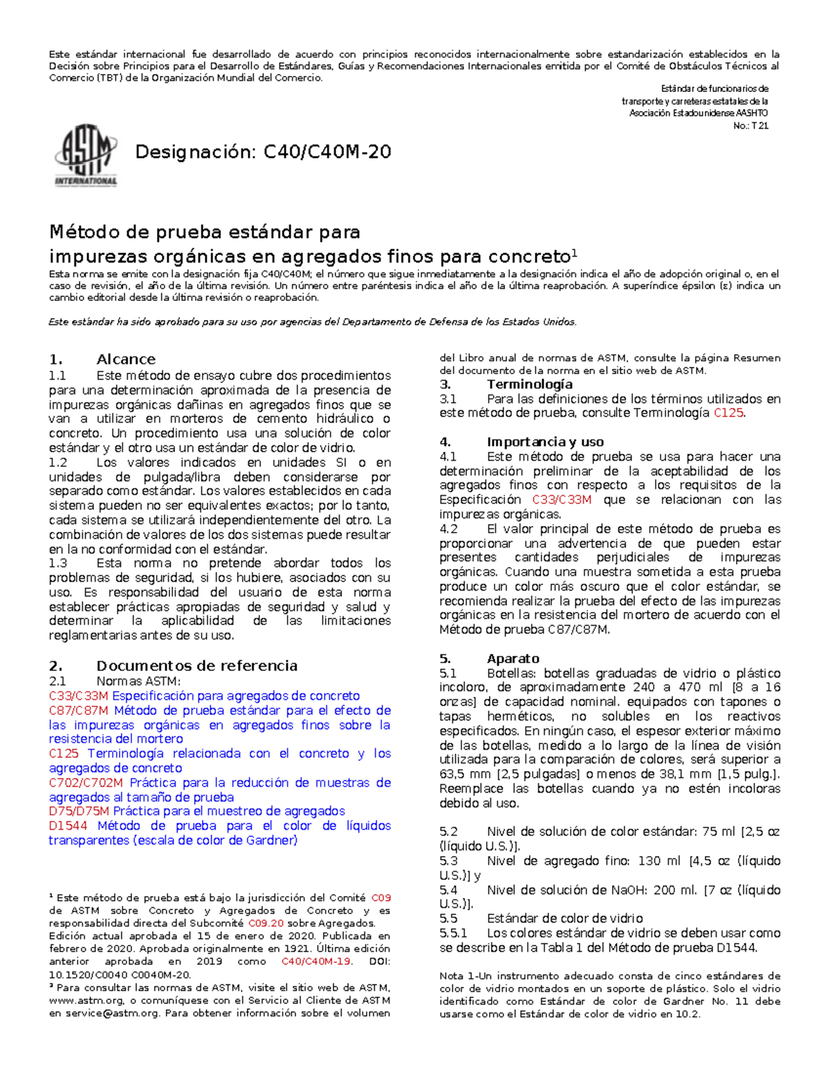 ASTM C40-20 - norma sobre la colorimetria en materiales de agregado grueso para concreto - Este ...