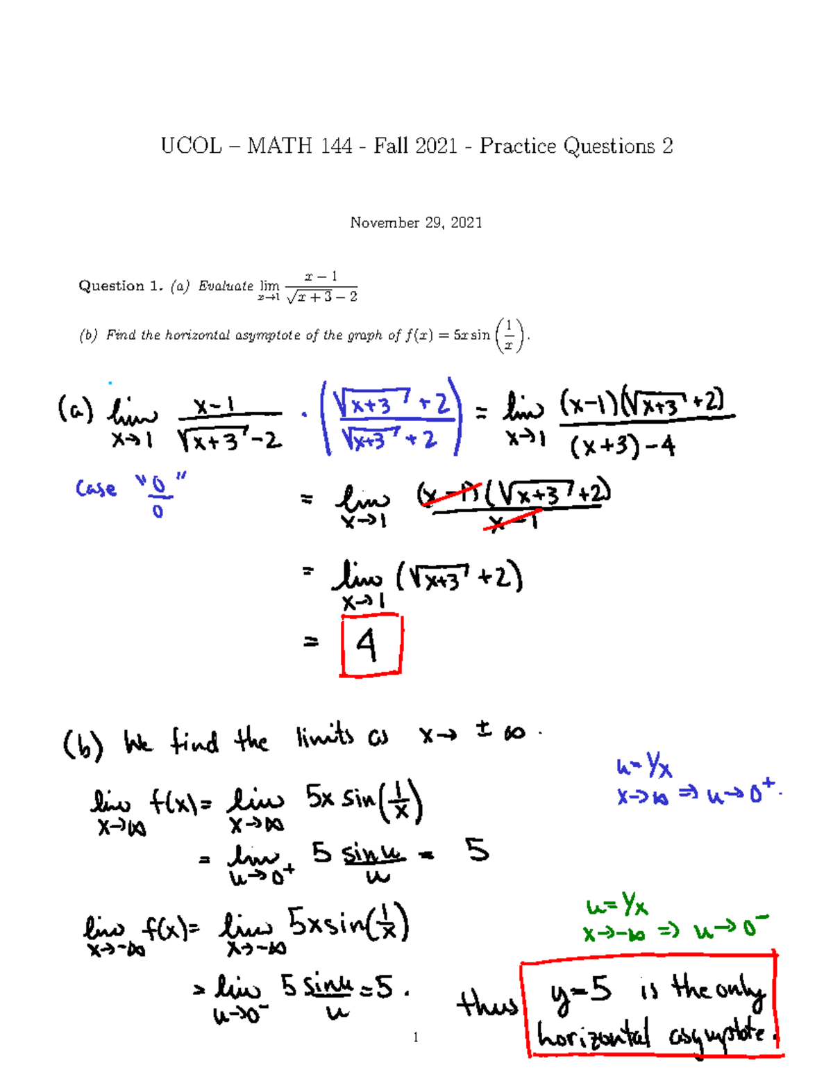 Practice problems 2 for Ultimate COL (final exam) solutions 2021 - UCOL – MATH 144 - Fall 2021 ...