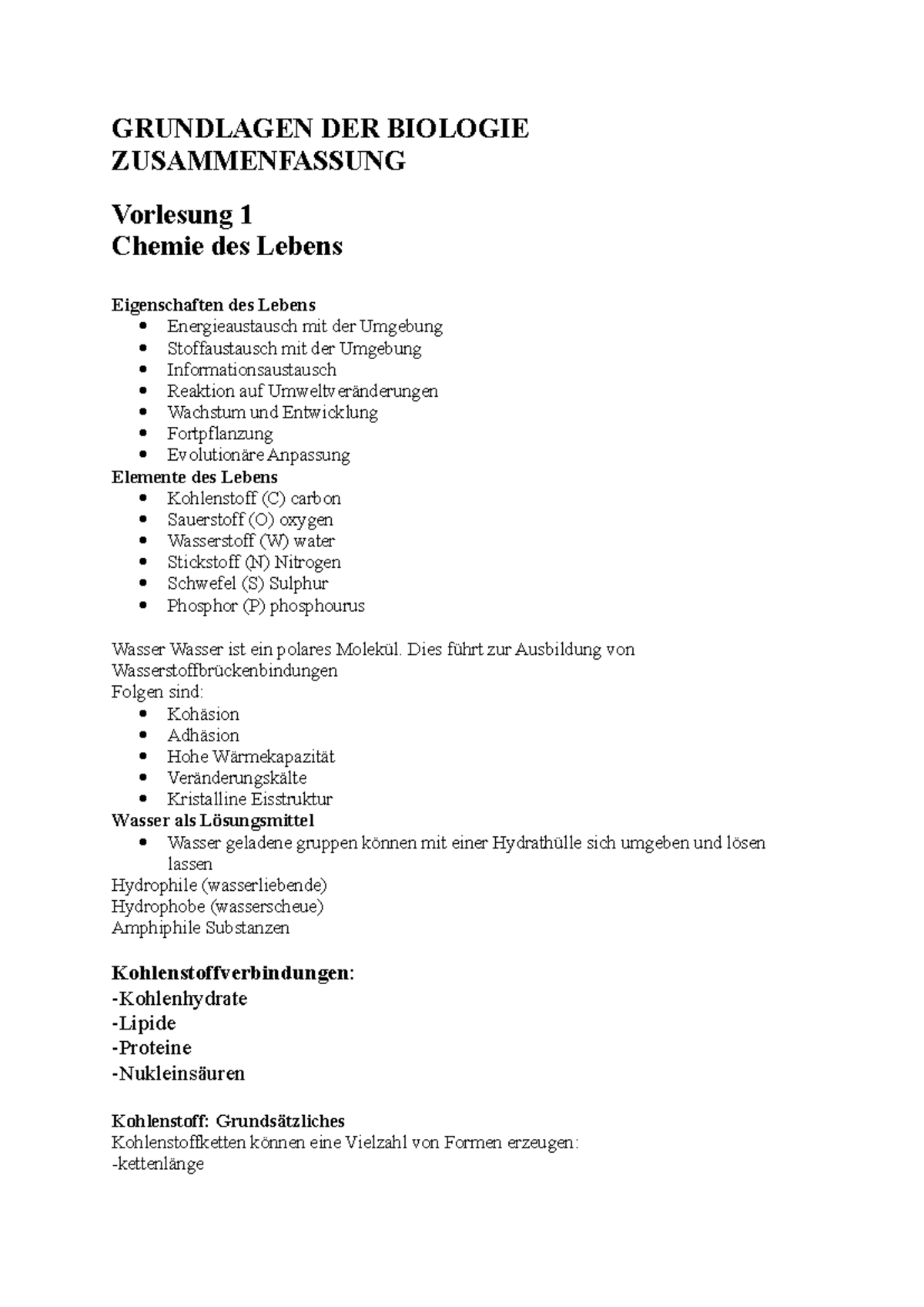 Zus. grundl bio - Zusammenfassung - GRUNDLAGEN DER BIOLOGIE ...