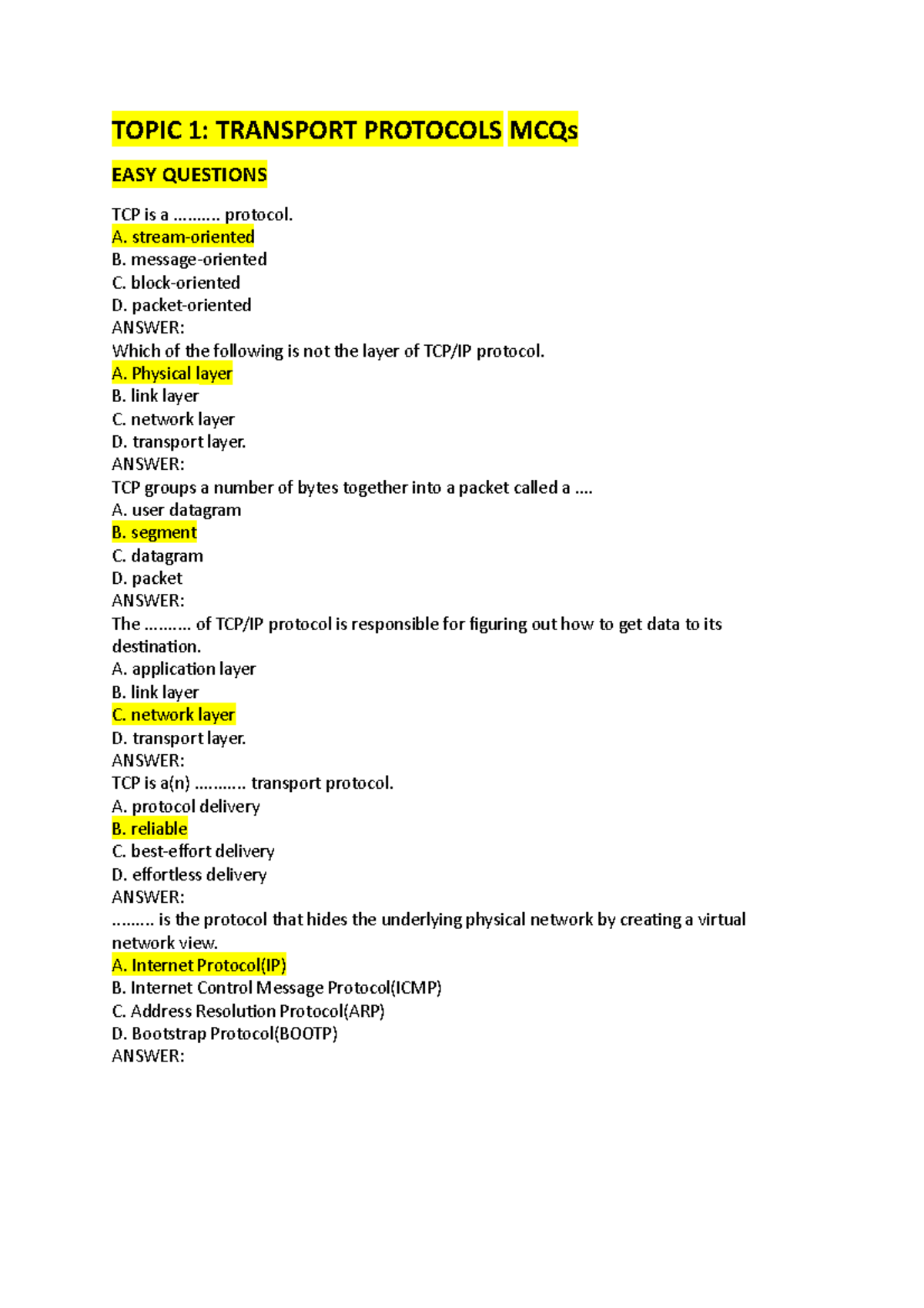 Network 621 CA TEST 1 MCQs - TOPIC 1: TRANSPORT PROTOCOLS MCQs EASY ...