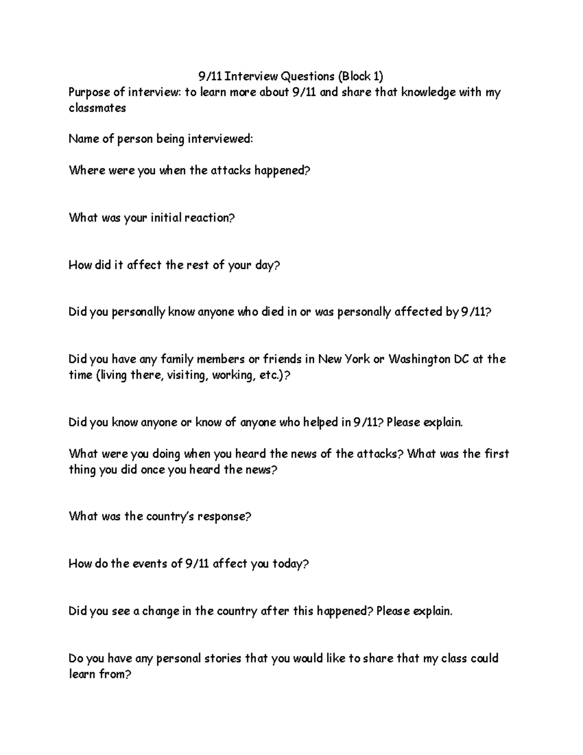 911Interview Questions Block 1 - Purpose of interview: to learn more ...