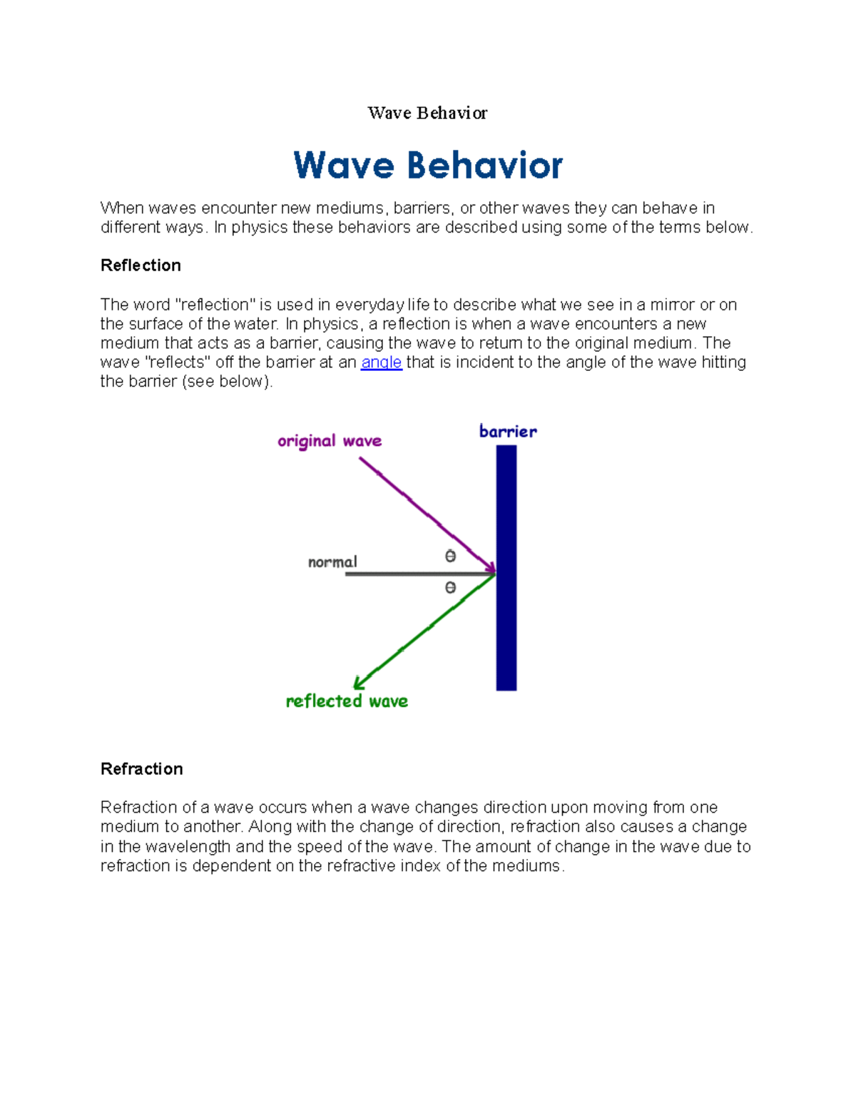 Wave Behavior - Wave Behavior Wave Behavior When waves encounter new mediums, barriers, or other ...