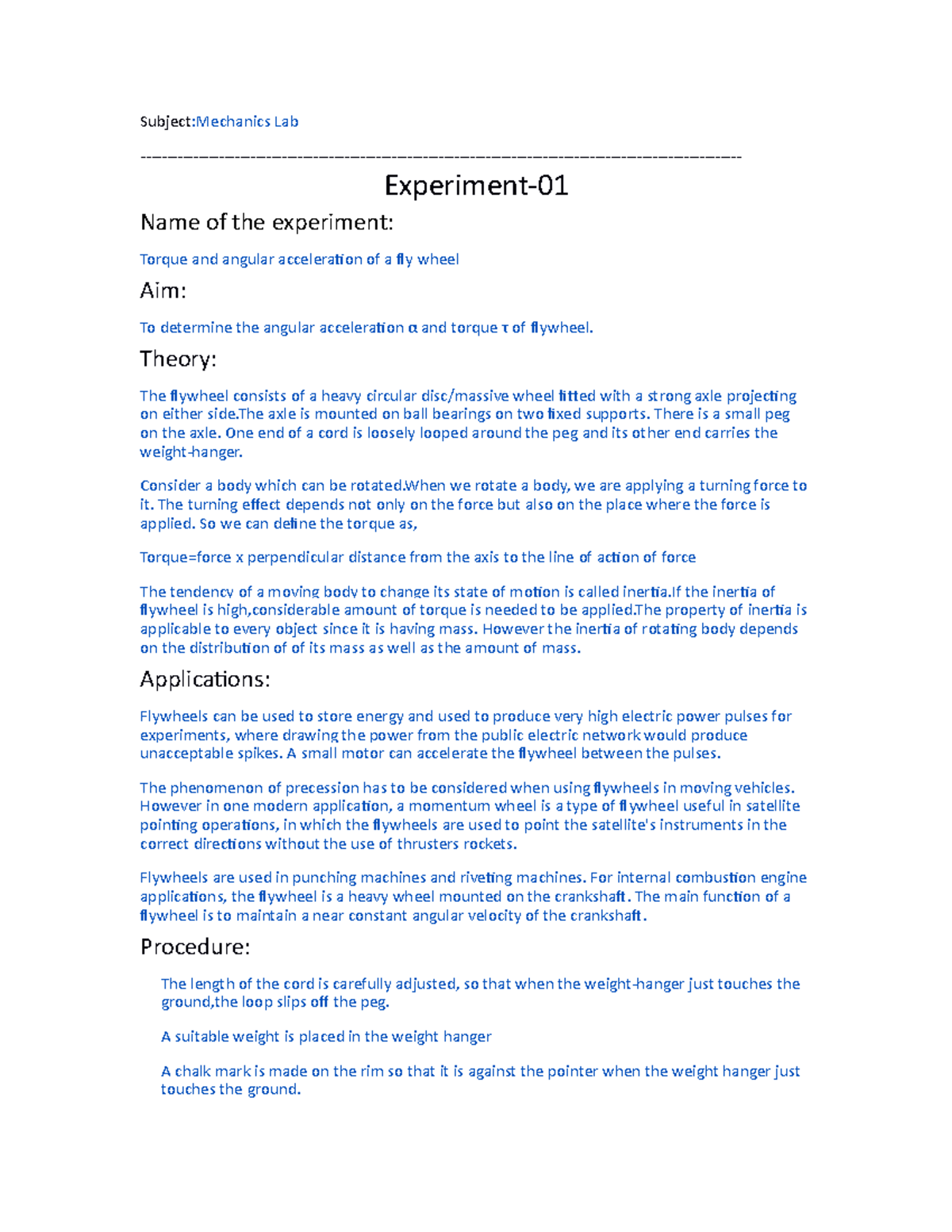 Experiment-Torque and angular acceleration of a fly wheel - Subject ...