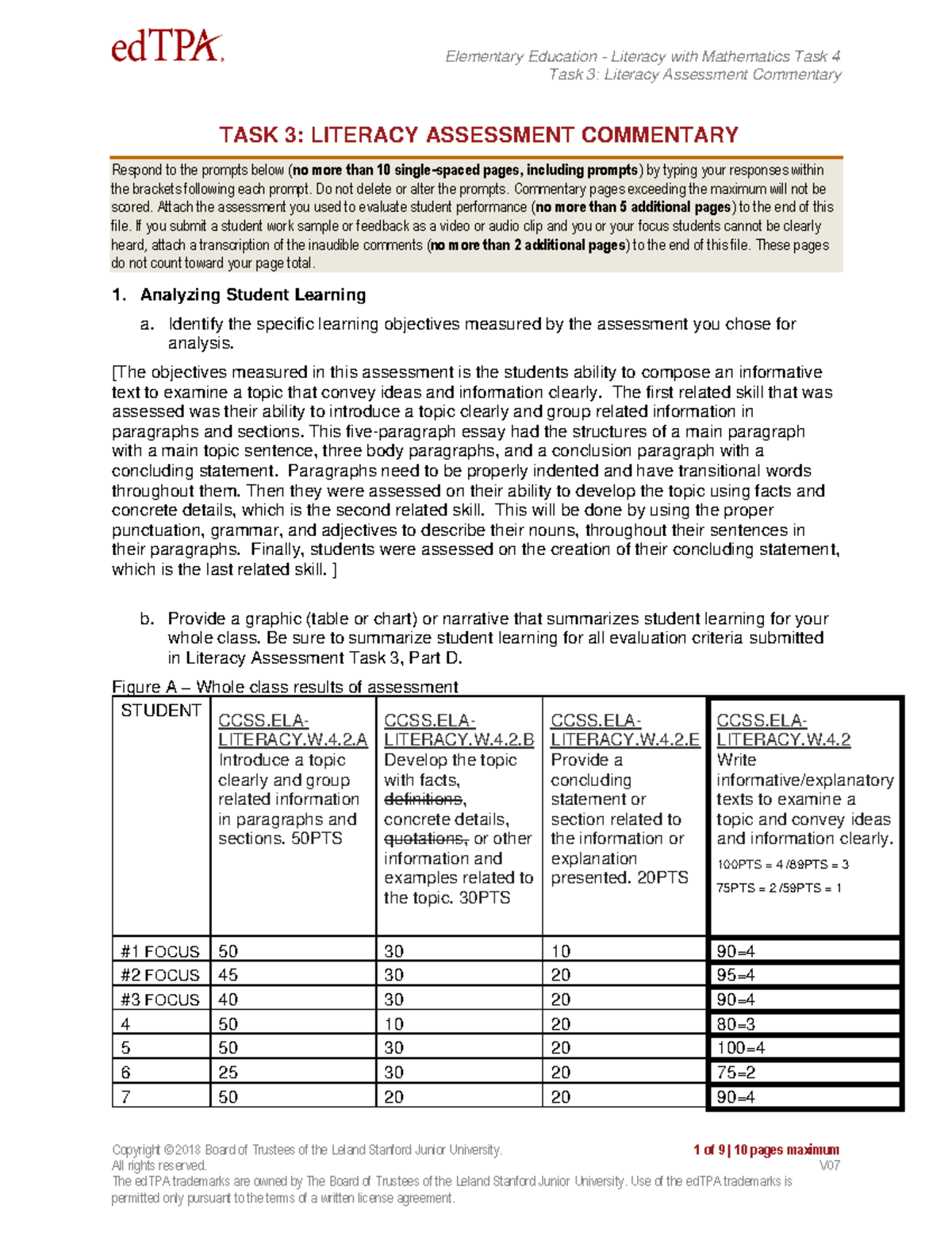 Part C Literacy Assessment Commentary Edtpa Task 3 Literacy