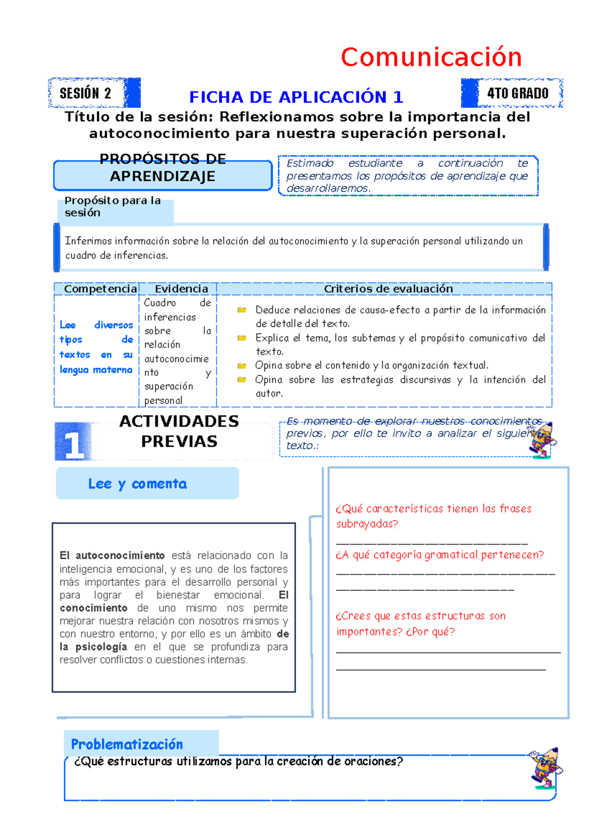 4° Ficha DE Aplicación- Sesión 2-SEM.1-EXP.7-COM (1) - Título de la sesión: Reflexionamos sobre ...