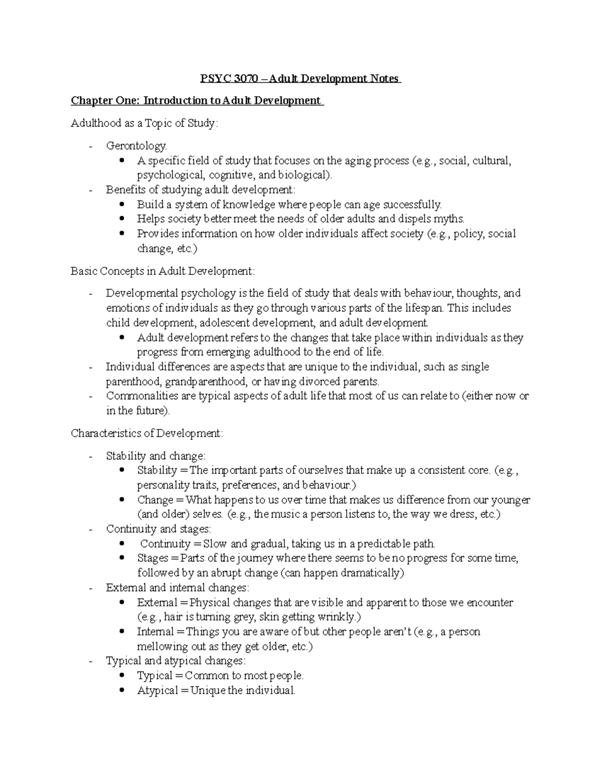PSYC 3070 Notes - PSYC 3070 – Adult Development Notes Chapter One ...