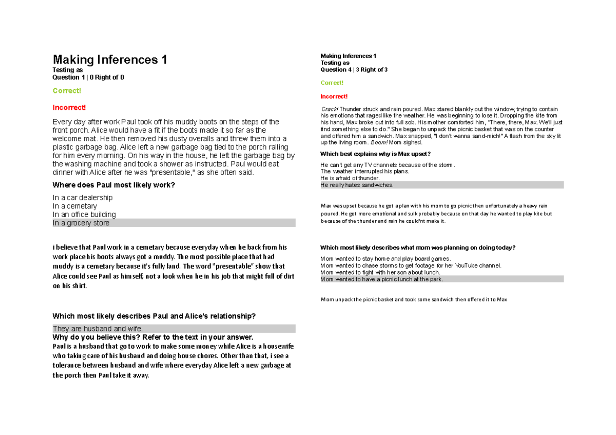 MY POV MAKING INFERENCES - Making Inferences 1 Testing as Question 1 ...