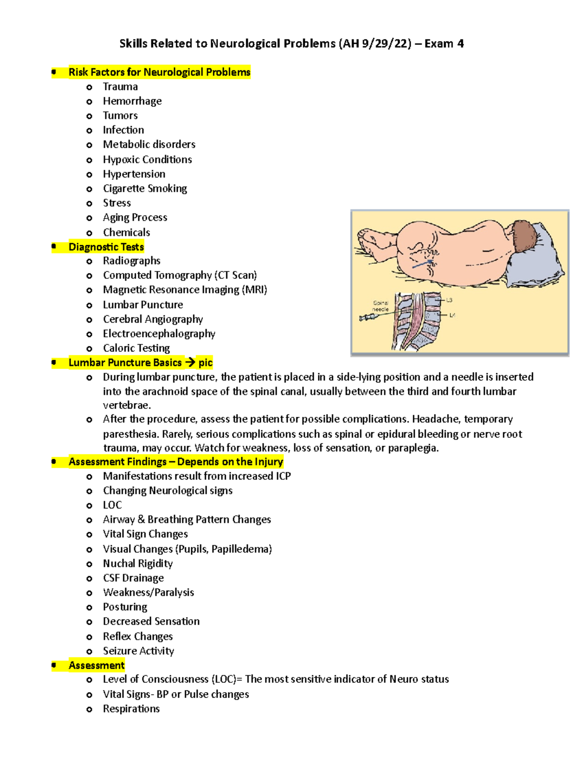 Skills Related to Neurological Problems Notes - o After the procedure ...