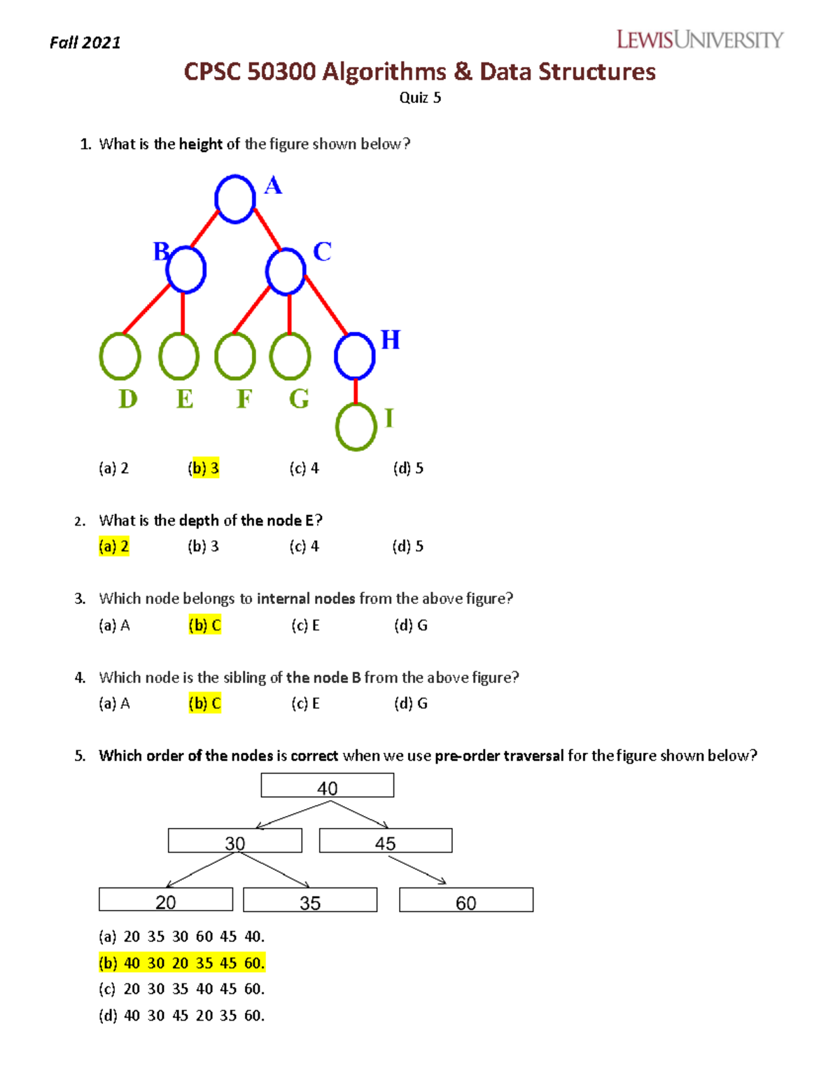 Quiz 5 CPSC50300 Fall 2021 - Fall 2021 CPSC 50300 Algorithms & Data ...