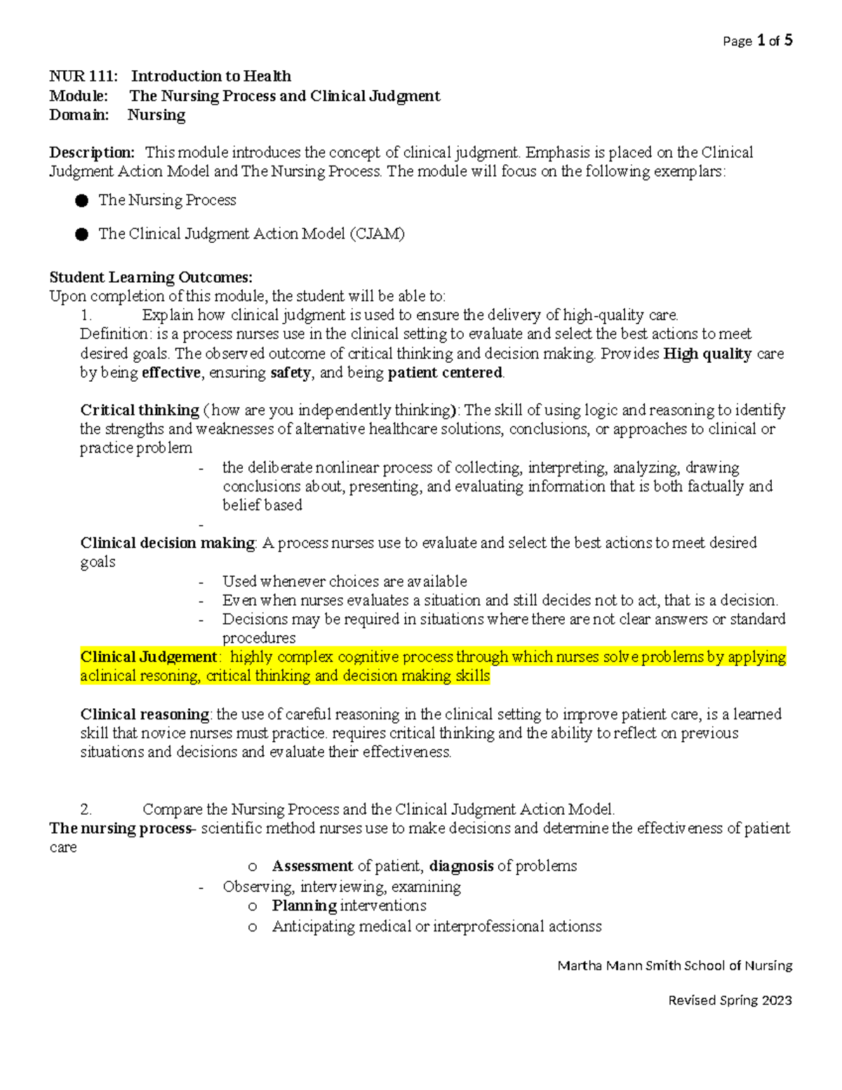 Clinical judgement part 1 - NUR 111: Introduction to Health Module: The ...