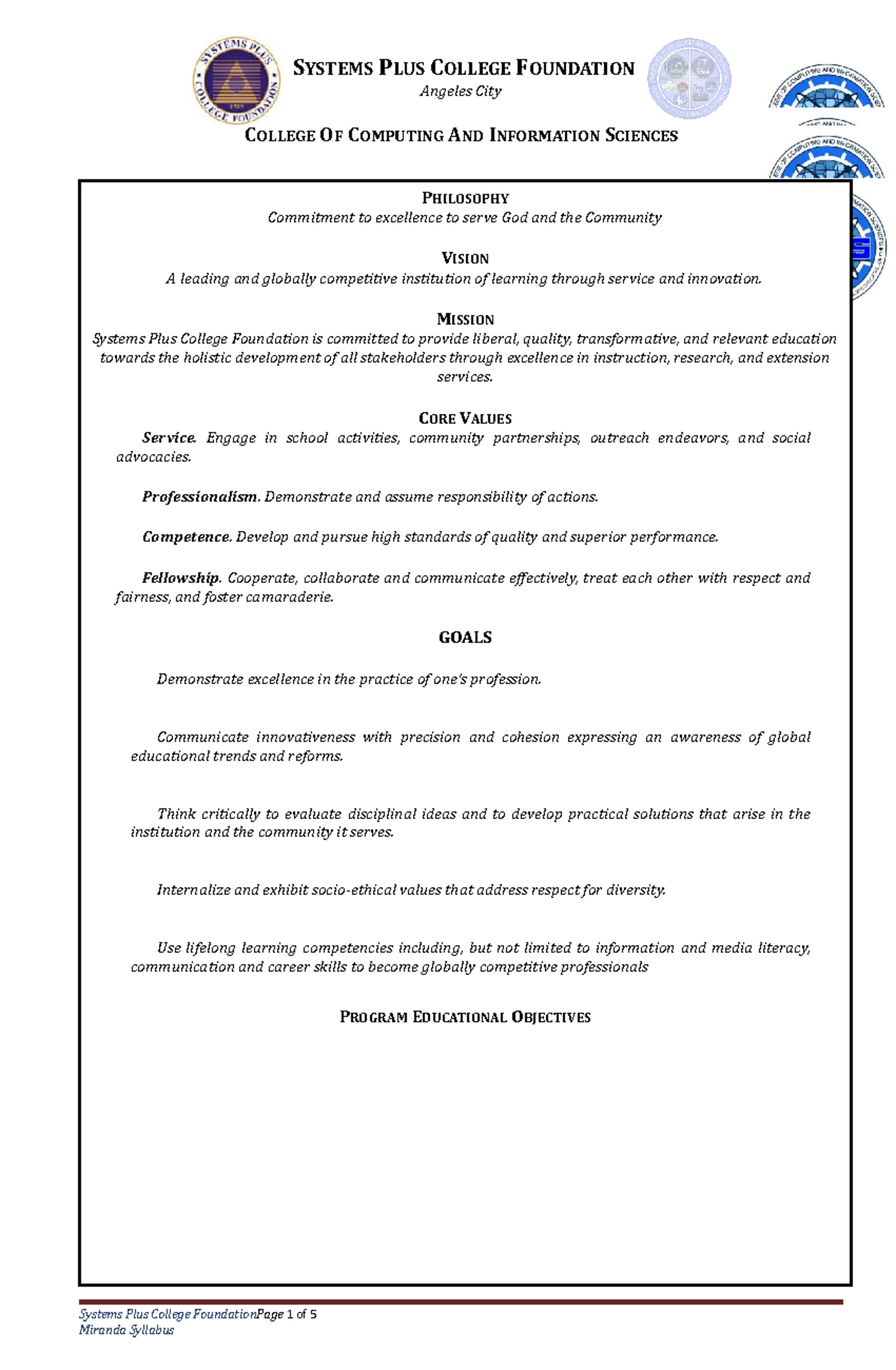 Syllabus - Hey Hey Hey - SYSTEMS PLUS COLLEGE FOUNDATION Angeles City ...