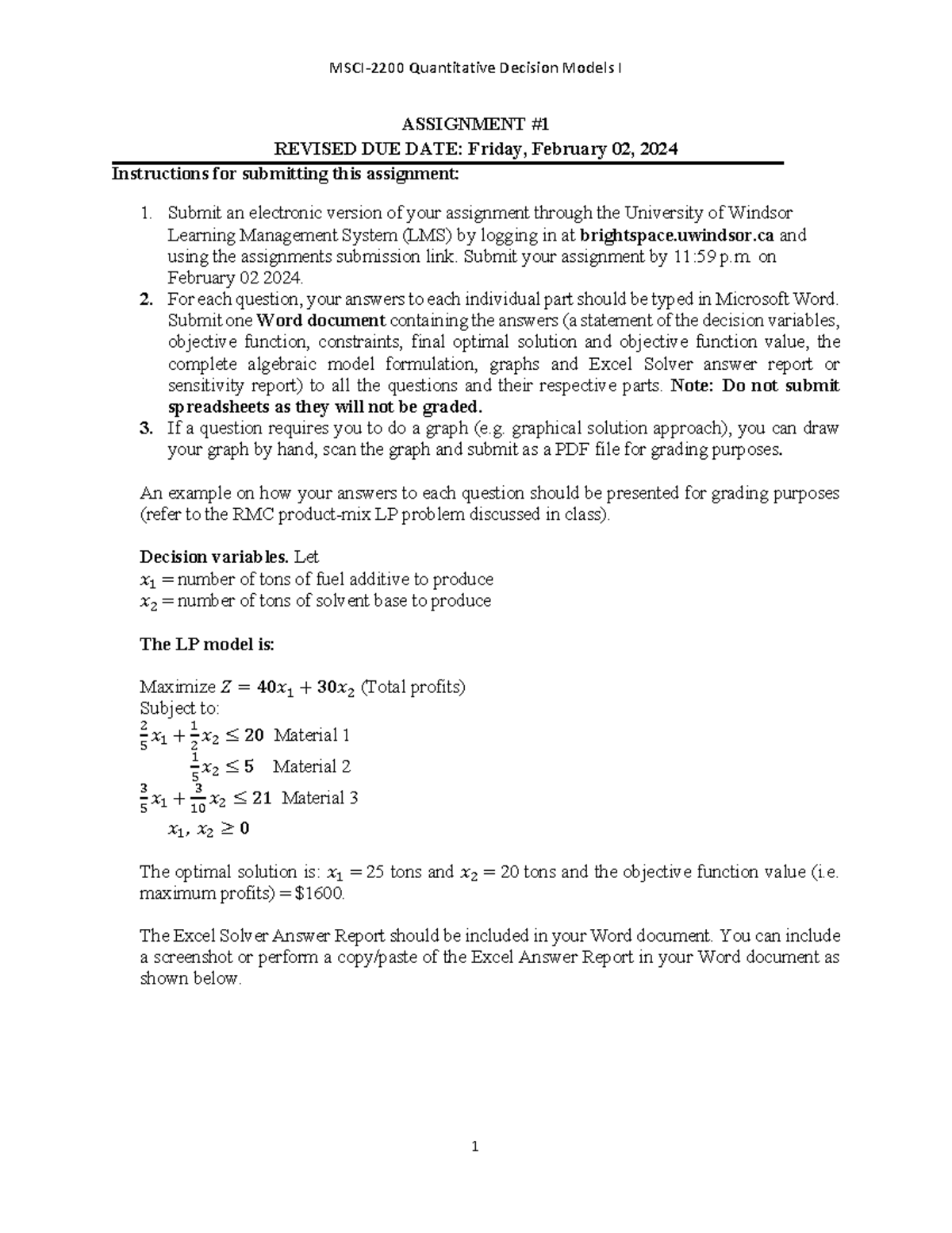 Assignment 1 - questions - MSCI‐2200 Quantitative Decision Models I 1 ASSIGNMENT REVISED DUE ...
