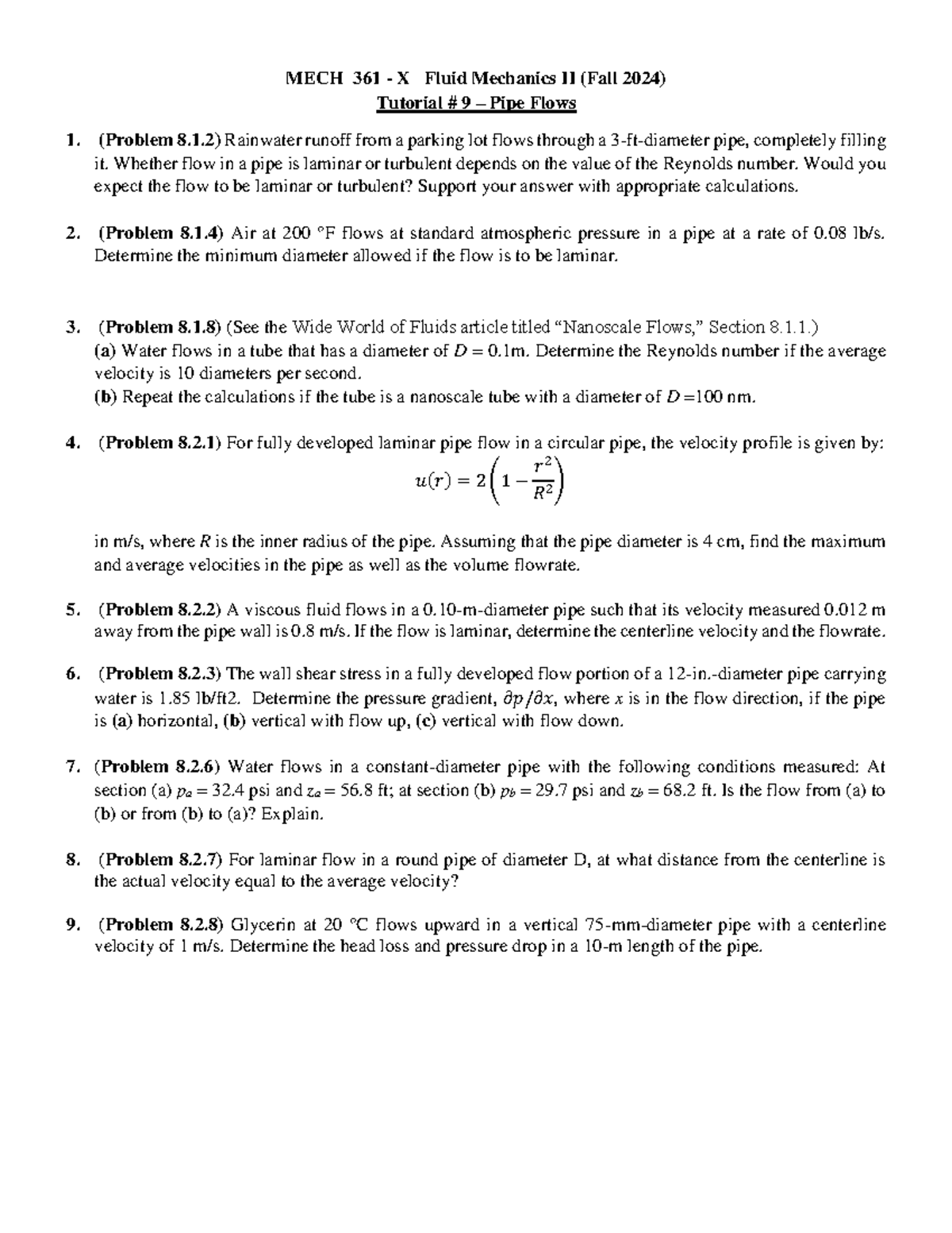 Tutorial 9 - Pipe Flows - QA - MECH 361 - X Fluid Mechanics II (Fall 2024 ) Tutorial # 9 – Pipe ...