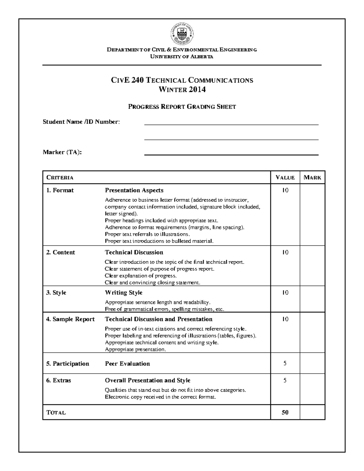 Progress report grading sheet - DEPARTMENT OF CIVIL ENVIRONMENTAL ...