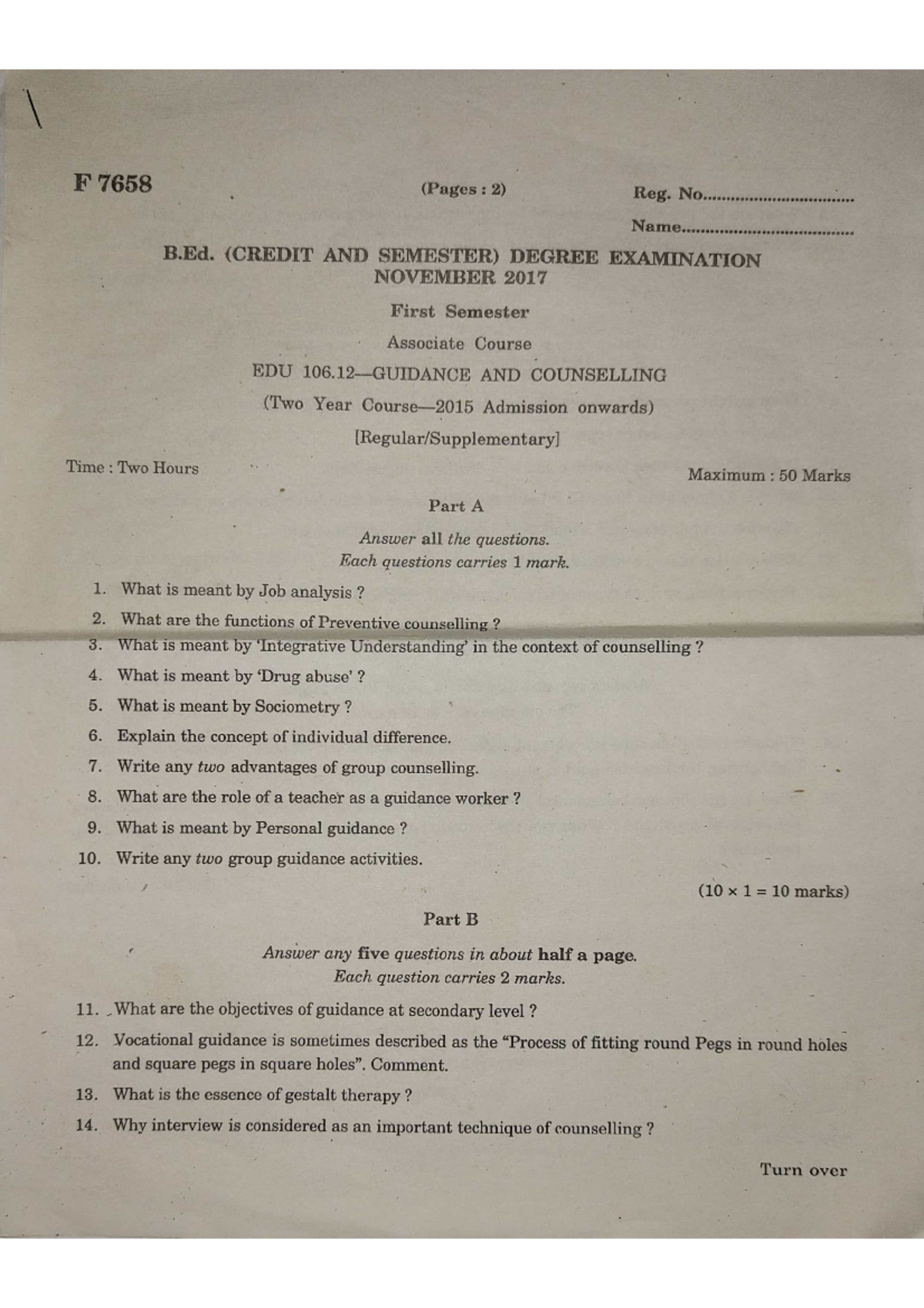 Guidance qns - F 7658 (Pages:2) Reg. No.. Name.. B. (CREDIT AND SEMESTER) DEGREE EXAMINATION ...