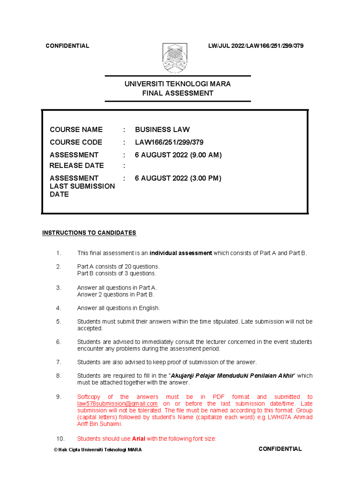 EXAM JULY 2022-LAW299 - Exaam question of business law - UNIVERSITI ...