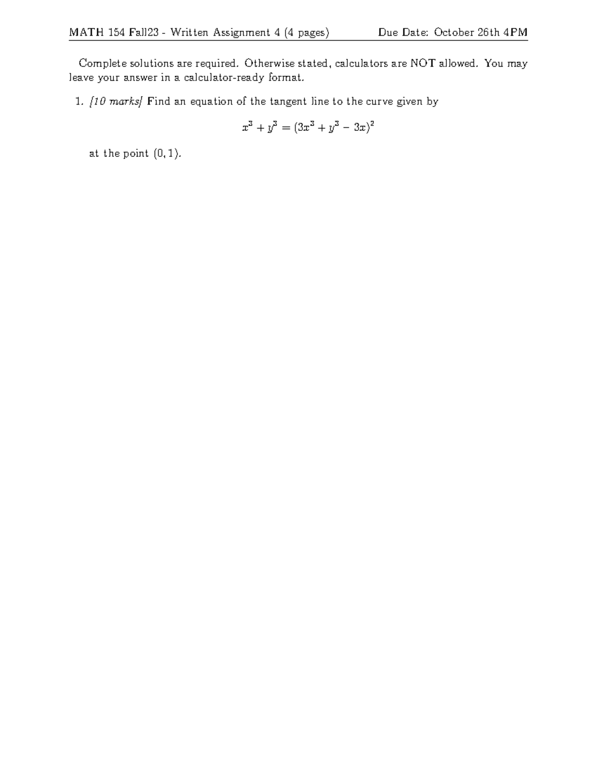MATH 154 W.A. Question - Written assignment - MATH 154 Fall23 - Written Assignment 4 (4 pages ...