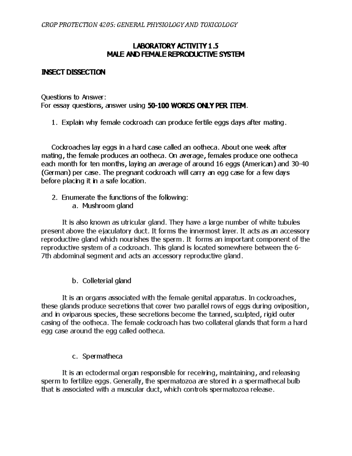 Cprot 4205 Laboratory Activity essay- male and female reproductive ...