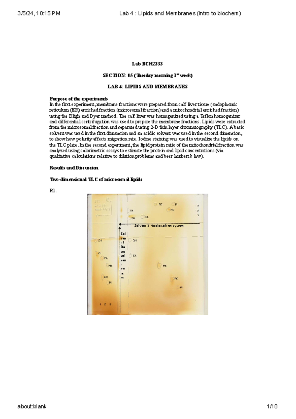 Lab 4 Lipids and Membranes (intro to biochem) - Lab BCH SECTION: 05 ...