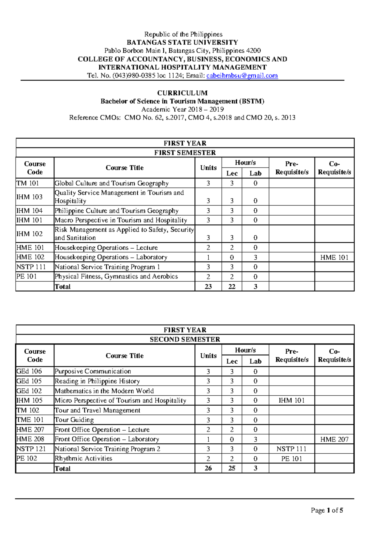 Bachelor of Science in Tourism Management BSTM Curriculum - Republic of ...