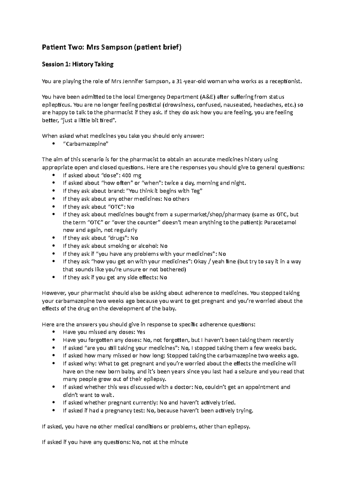 Mrs Sampson (patient brief) - Patient Two: Mrs Sampson (patient brief ...