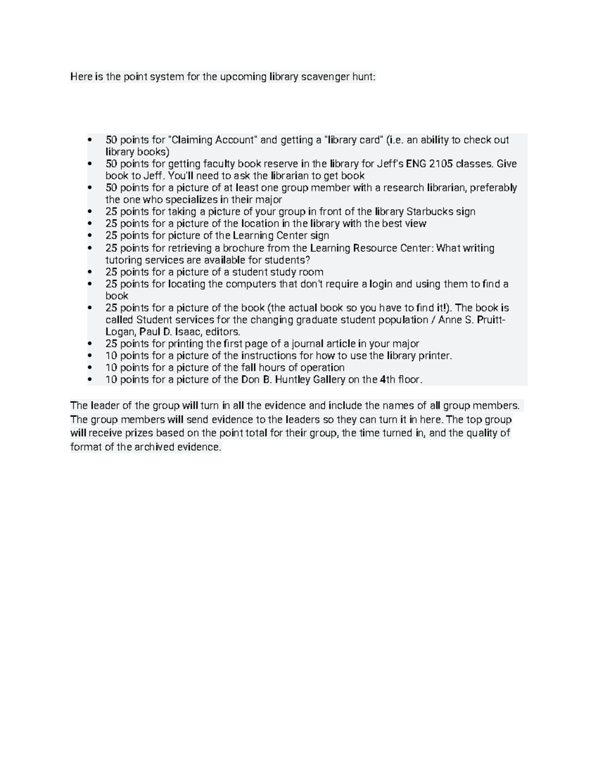 Scavenger Hunt - Here is the point system for the upcoming library ...