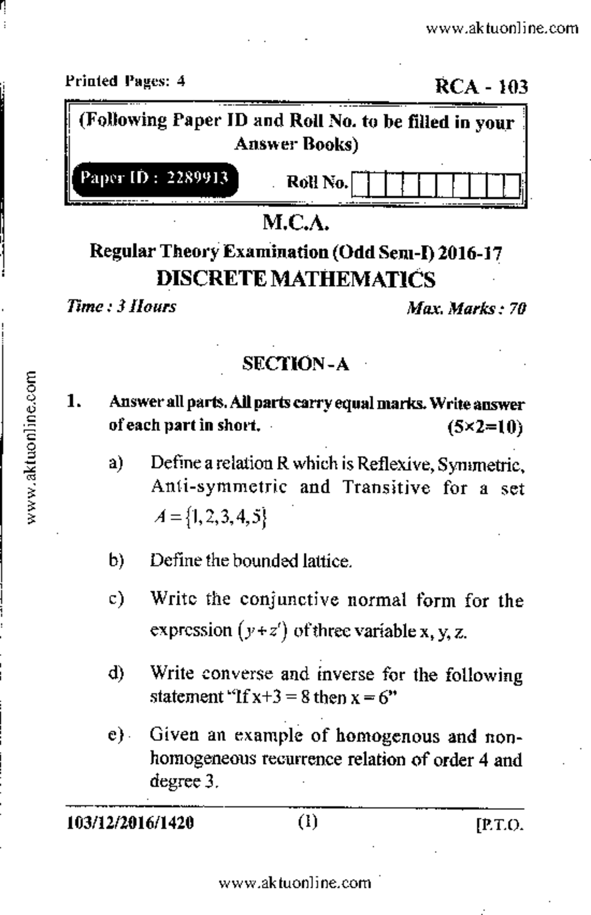 Mca 1 sem discrete mathematics rca 103 2017 - Printed Pages: 4 RCA I1O ...