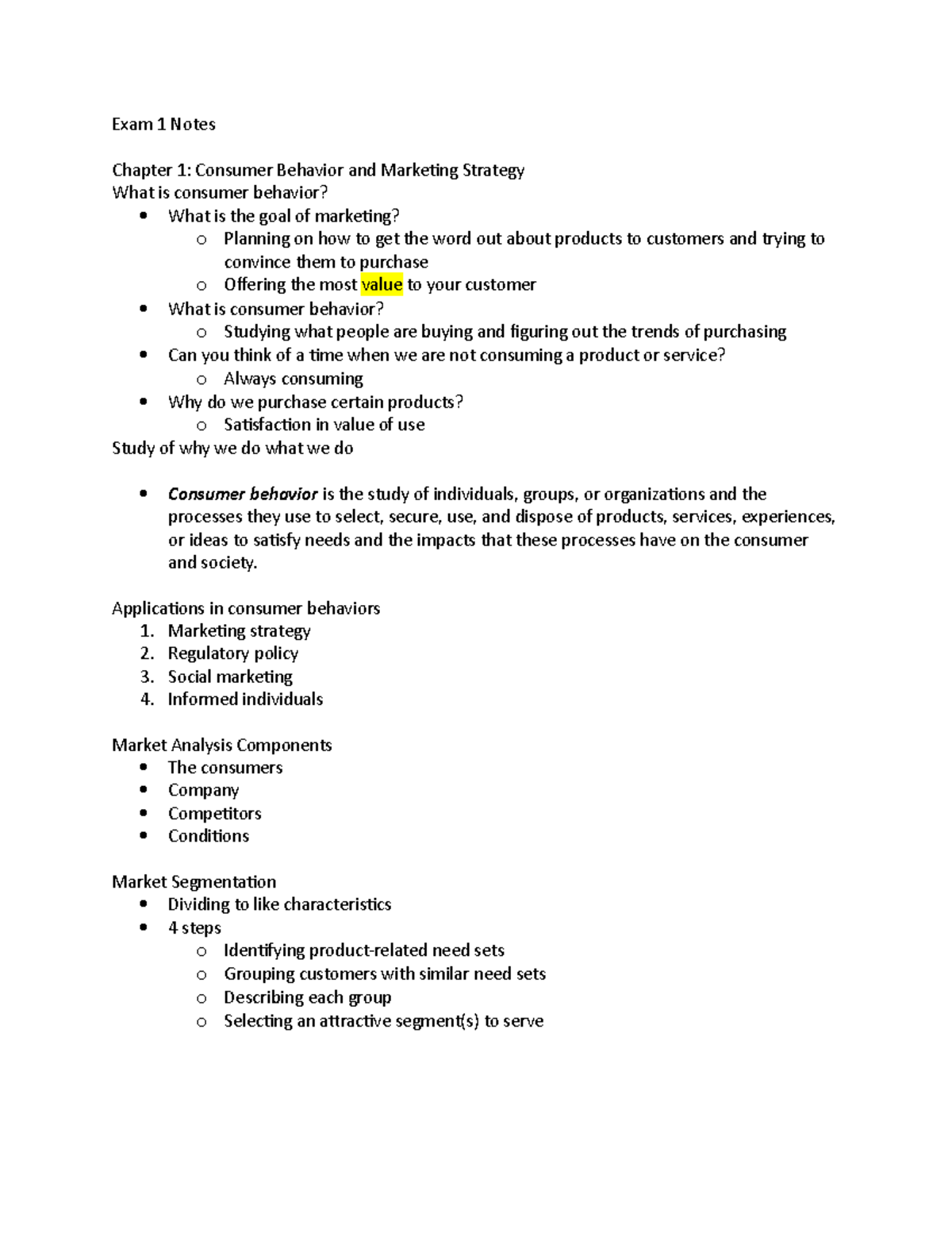 Exam 1 Notes - Exam 1 Notes Chapter 1: Consumer Behavior and Marketing ...
