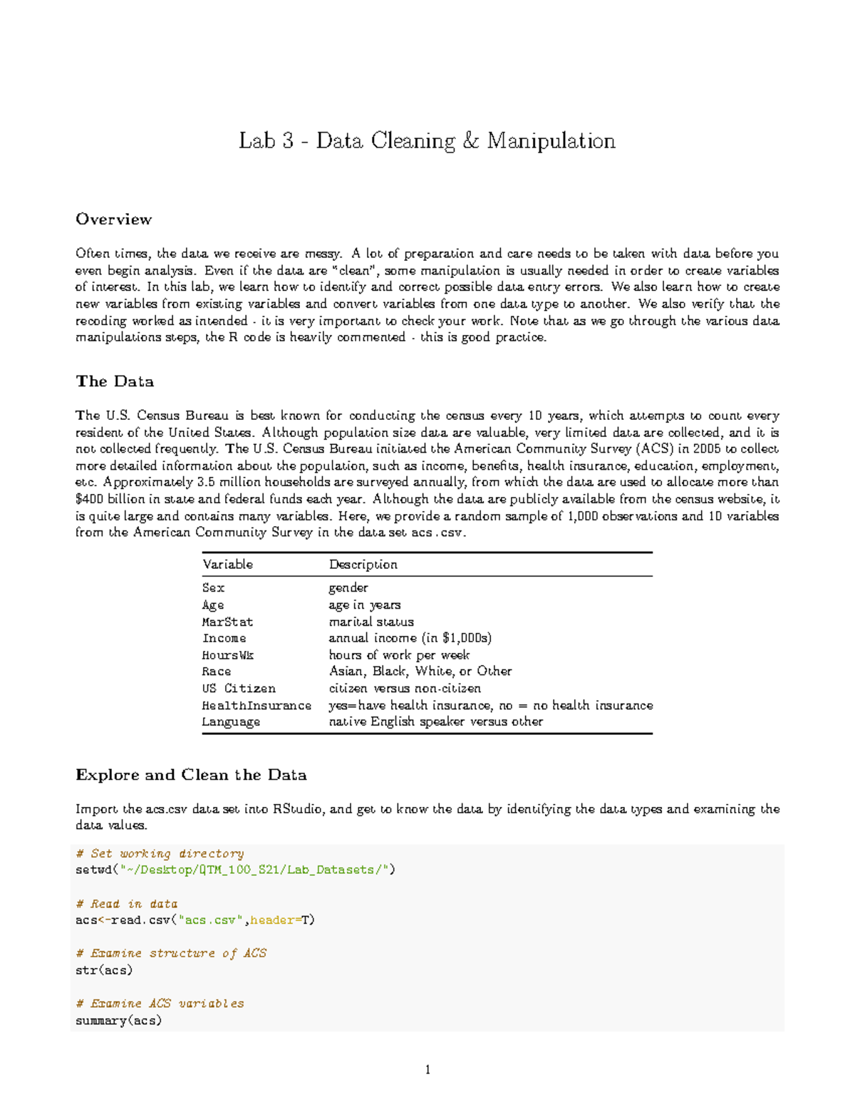 Lab3-Manual F2021 - Summary Intro to Stat Inference - Lab 3 - Data Cleaning & Manipulation - Studocu