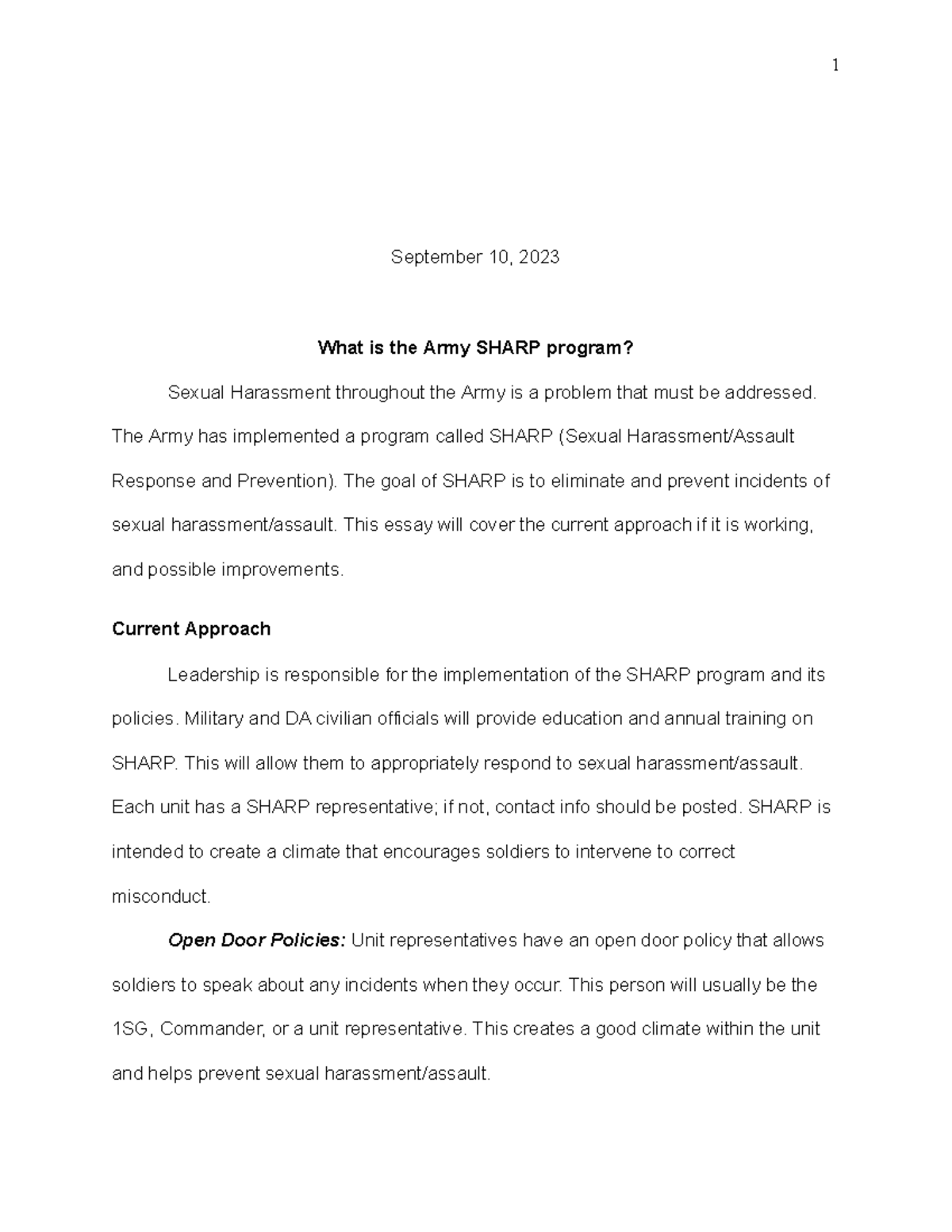 Sharp essay - 1 September 10, 2023 What is the Army SHARP program ...