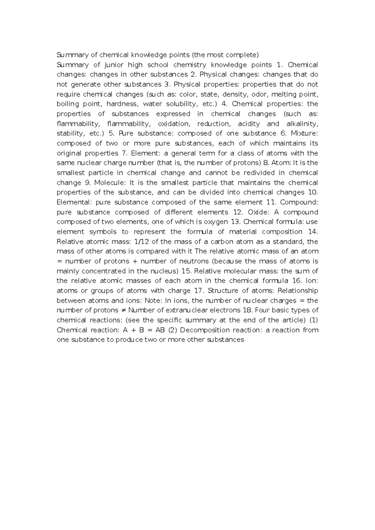 Summary of chemical knowledge points (the most complete) - Chemical changes: changes in other ...