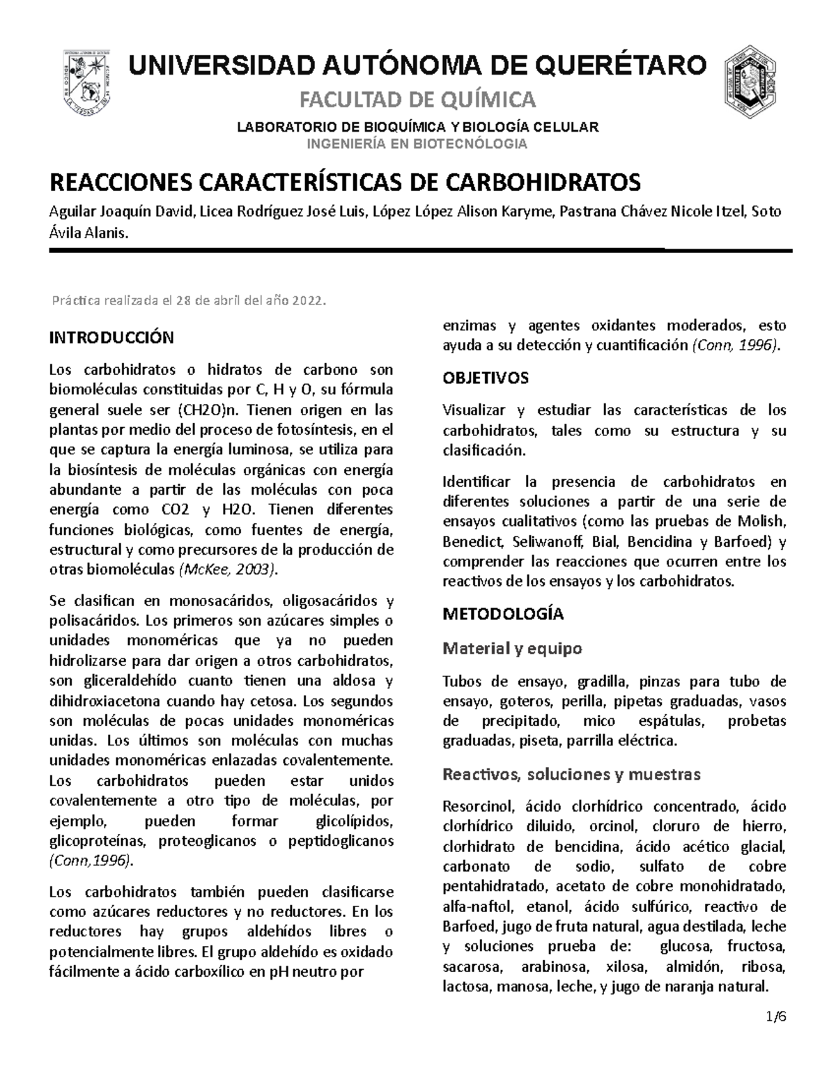 Reporte Práctica 10 - REACCIONES CARACTERÍSTICAS DE CARBOHIDRATOS ...