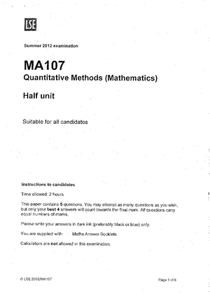 Ex - MA107 PROBLEM SET 1 - MA107: Quantitative Methods (Mathematics) 2021– Exercises 1: Revision ...