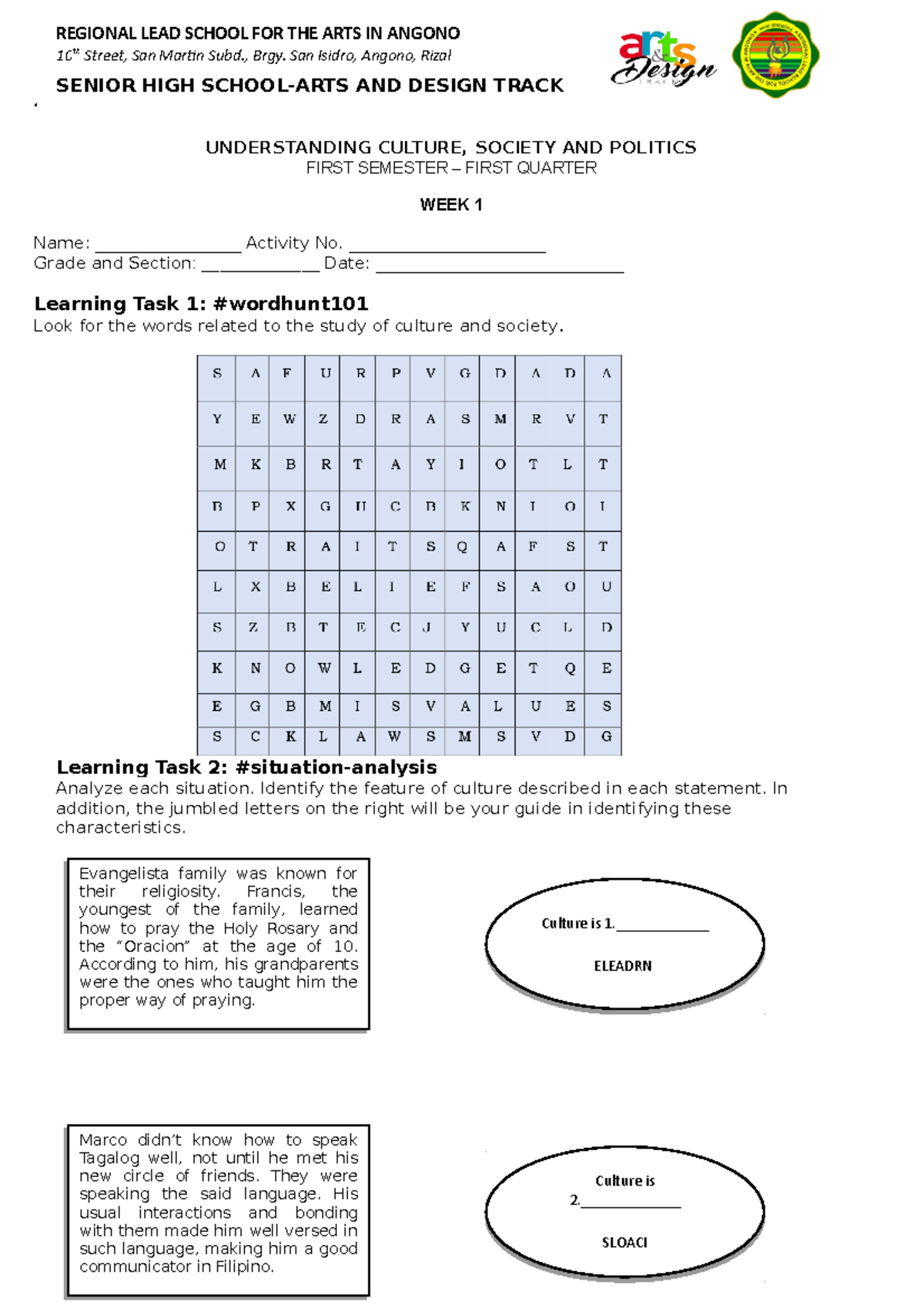 UCSP-TASK 2 - Learning Task - REGIONAL LEAD SCHOOL FOR THE ARTS IN ...