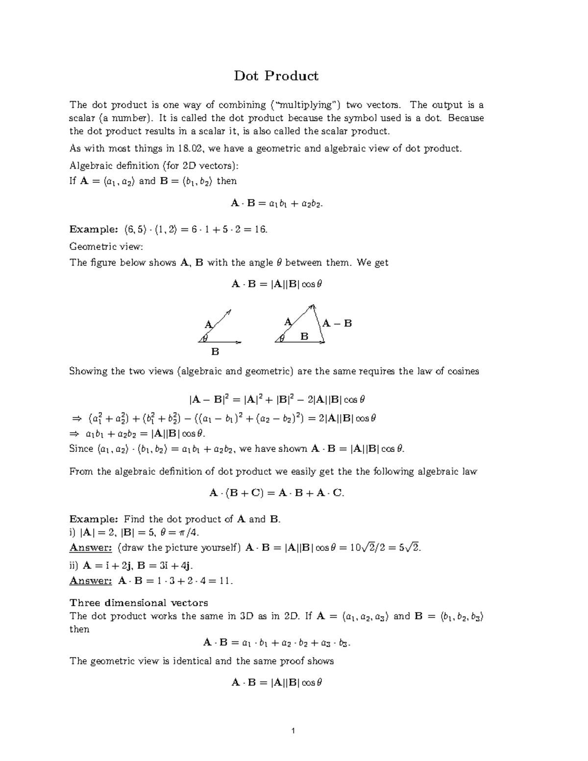 Dot Product - Lecture notes 1-4 - Dot Product The dot product is one ...