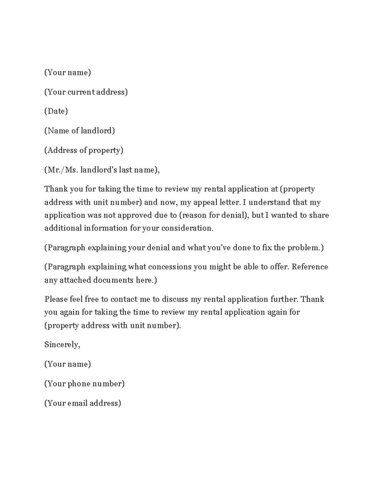 Sample Appeal Letter Apartment Guide - (Your name) (Your current ...