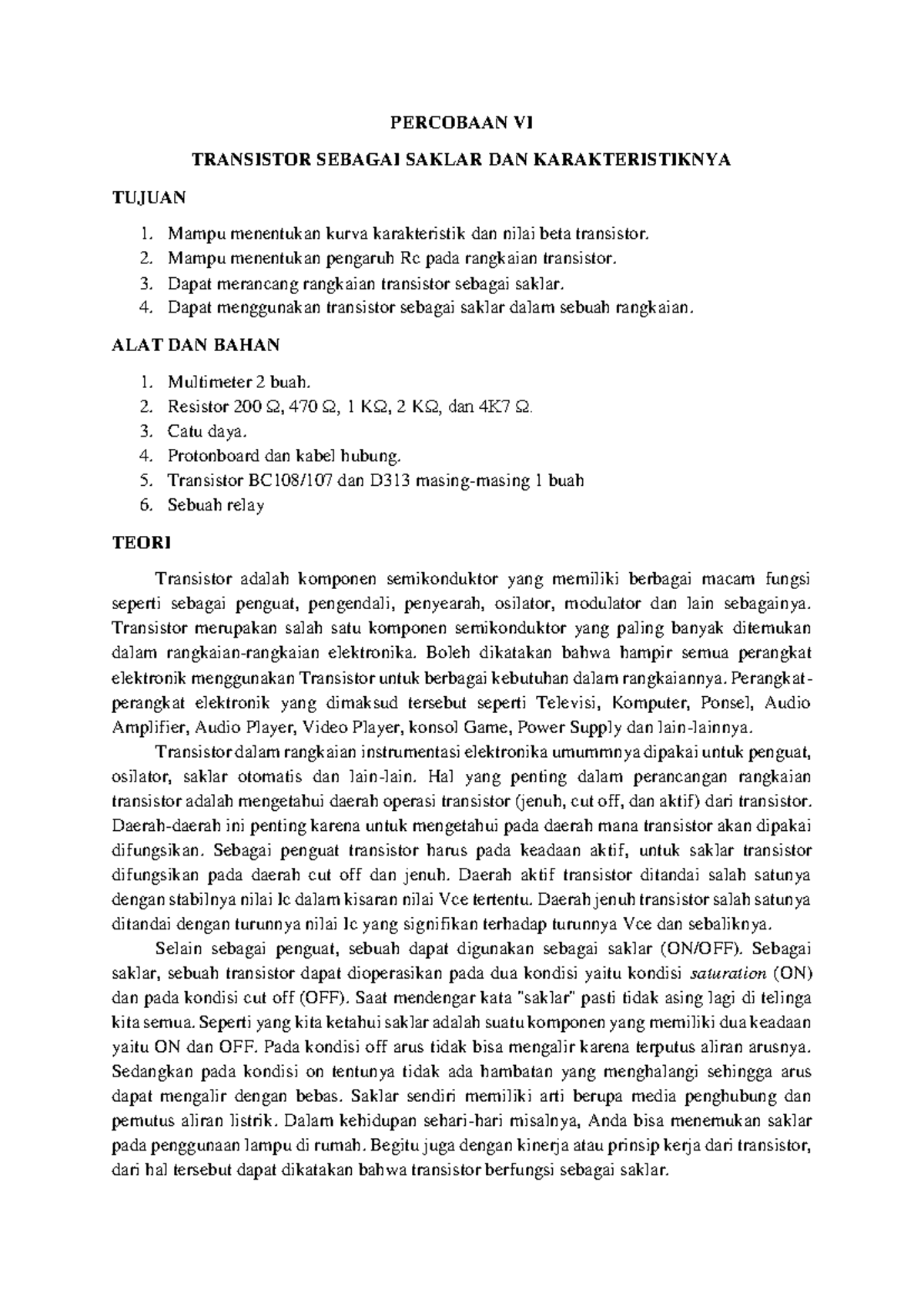 Modul Transistor - PERCOBAAN VI TRANSISTOR SEBAGAI SAKLAR DAN ...
