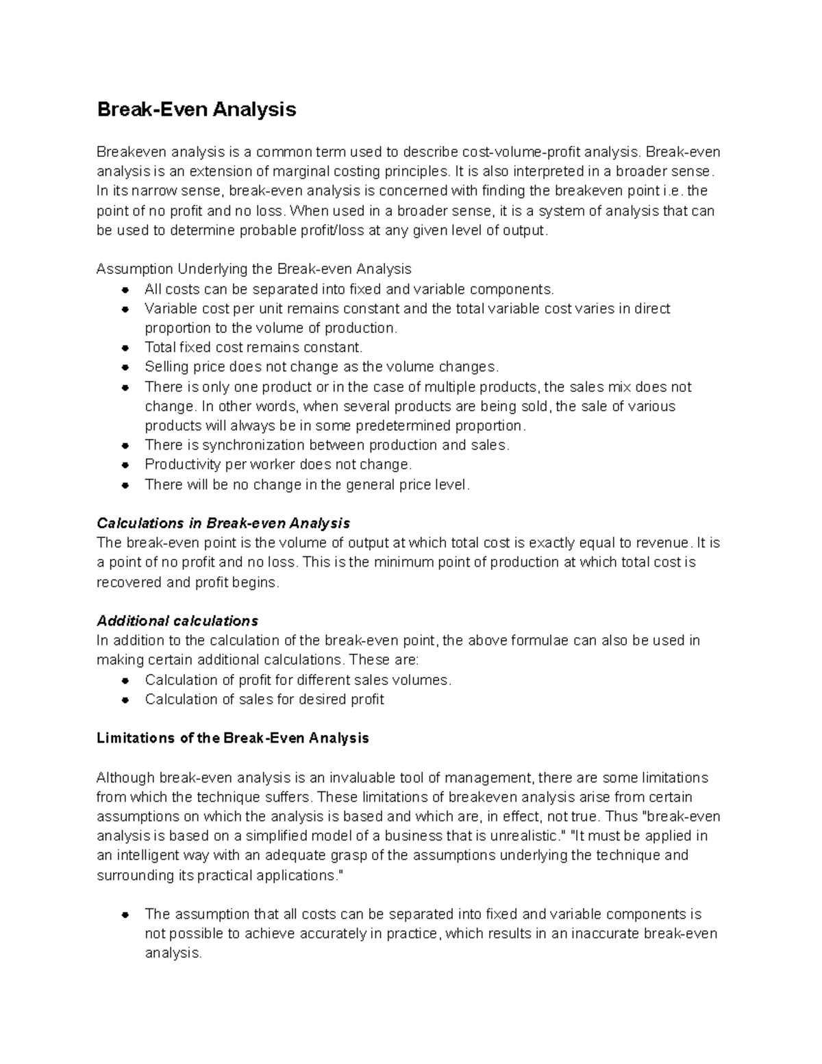 Break-Even Analysis - Break-Even Analysis Breakeven analysis is a ...