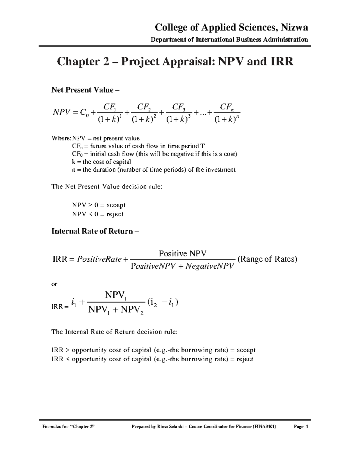 Formulas for Chapter 2 - Understand the financial markets and their ...