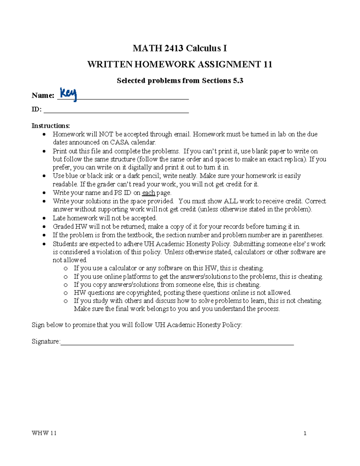 2413 whw11 key - MATH 2413 Calculus I WRITTEN HOMEWORK ASSIGNMENT 11 ...