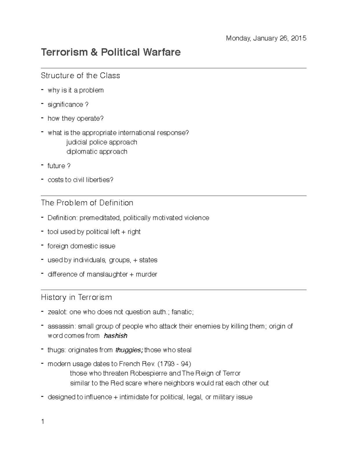 Terrorism Notes PDF - Monday, January 26, 2015 Terrorism & Political ...