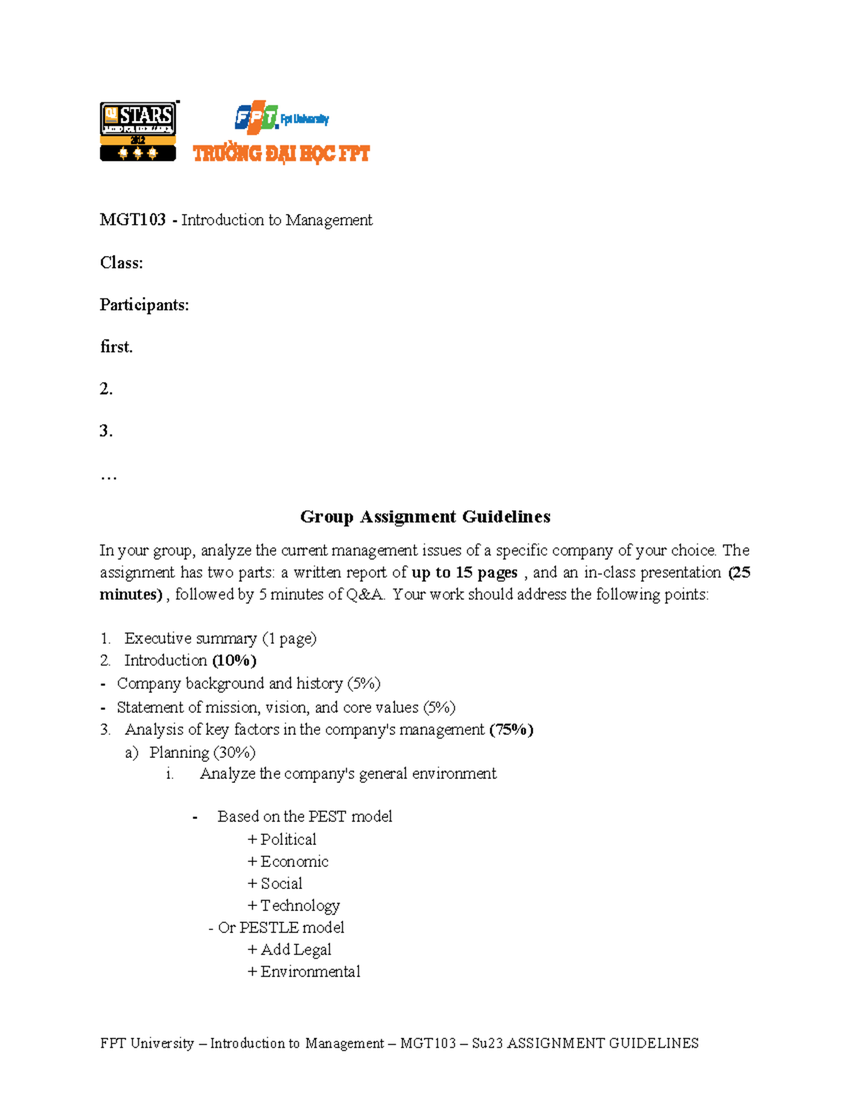 Group Assignment Guidelines MGT103 - MGT103 - Introduction to Management Class: Participants ...