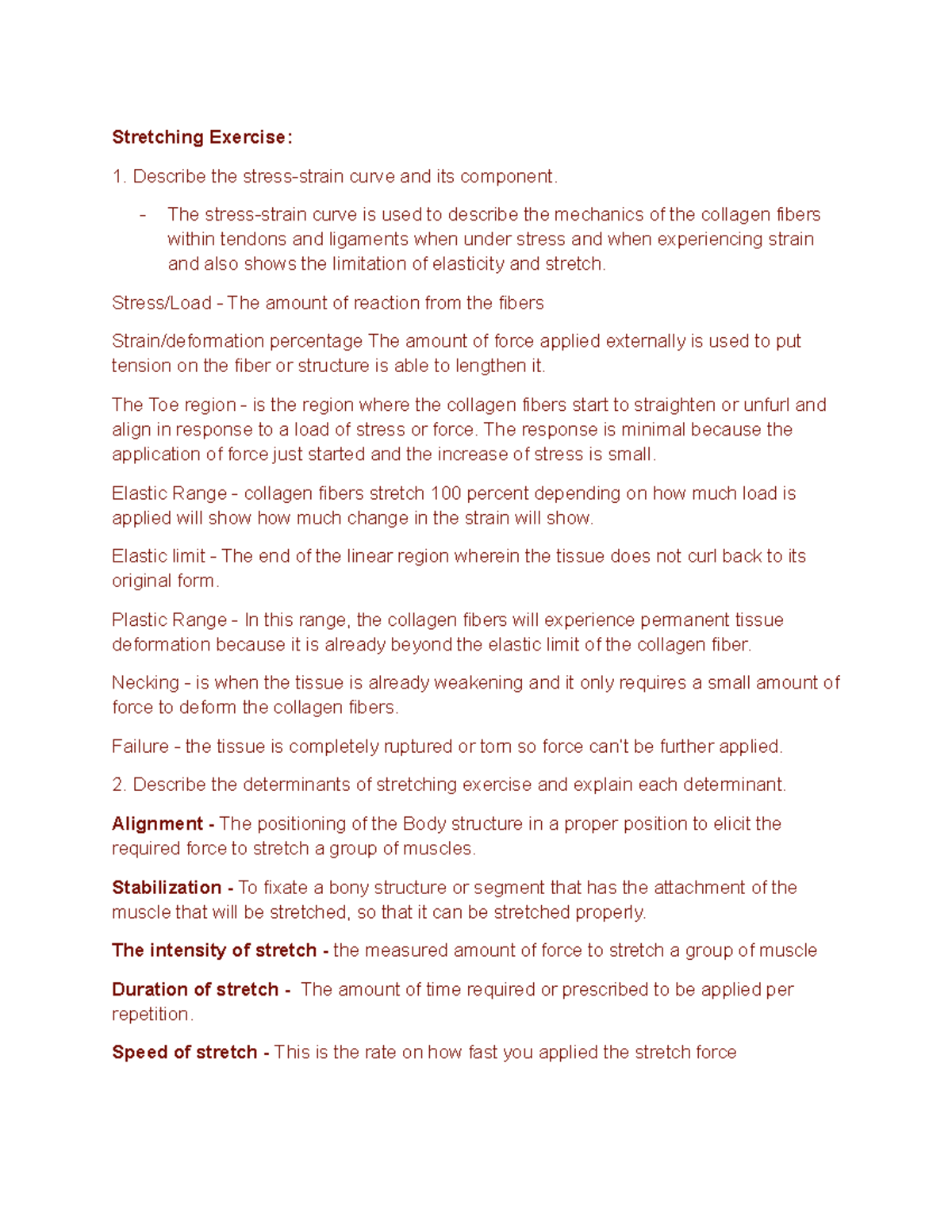 Stretching Exercise Questions - Stretching Exercise: Describe the ...