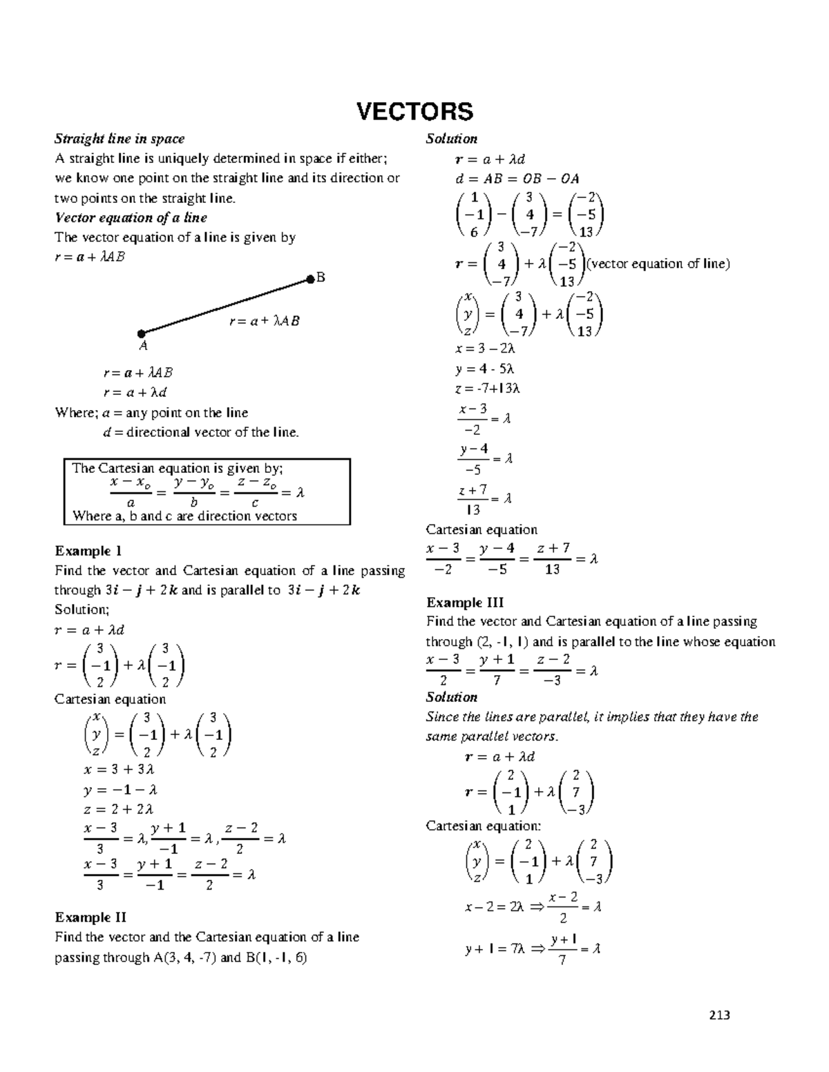 Chapt 8 - Vectors-1 - Notes - VECTORS Straight line in space A straight ...