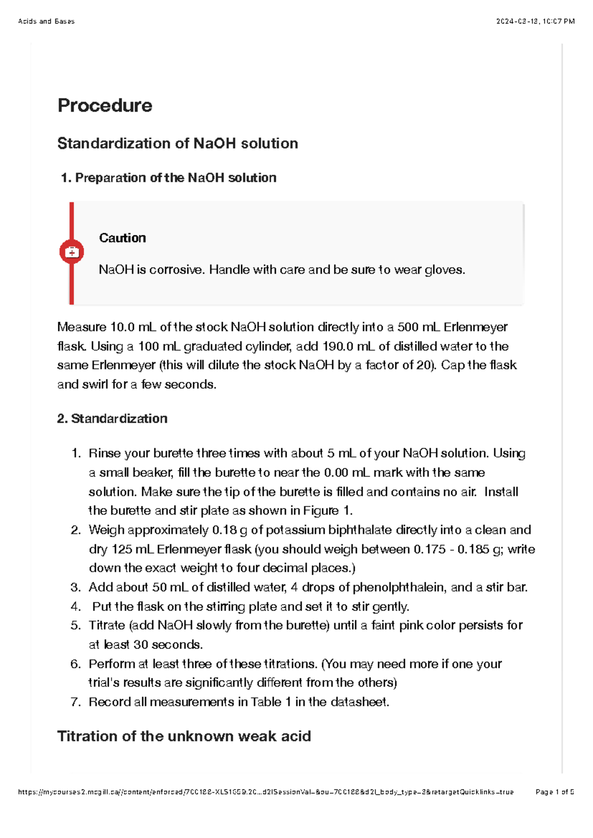 Acids and Bases- Procedure - Procedure Standardization of NaOH solution ...