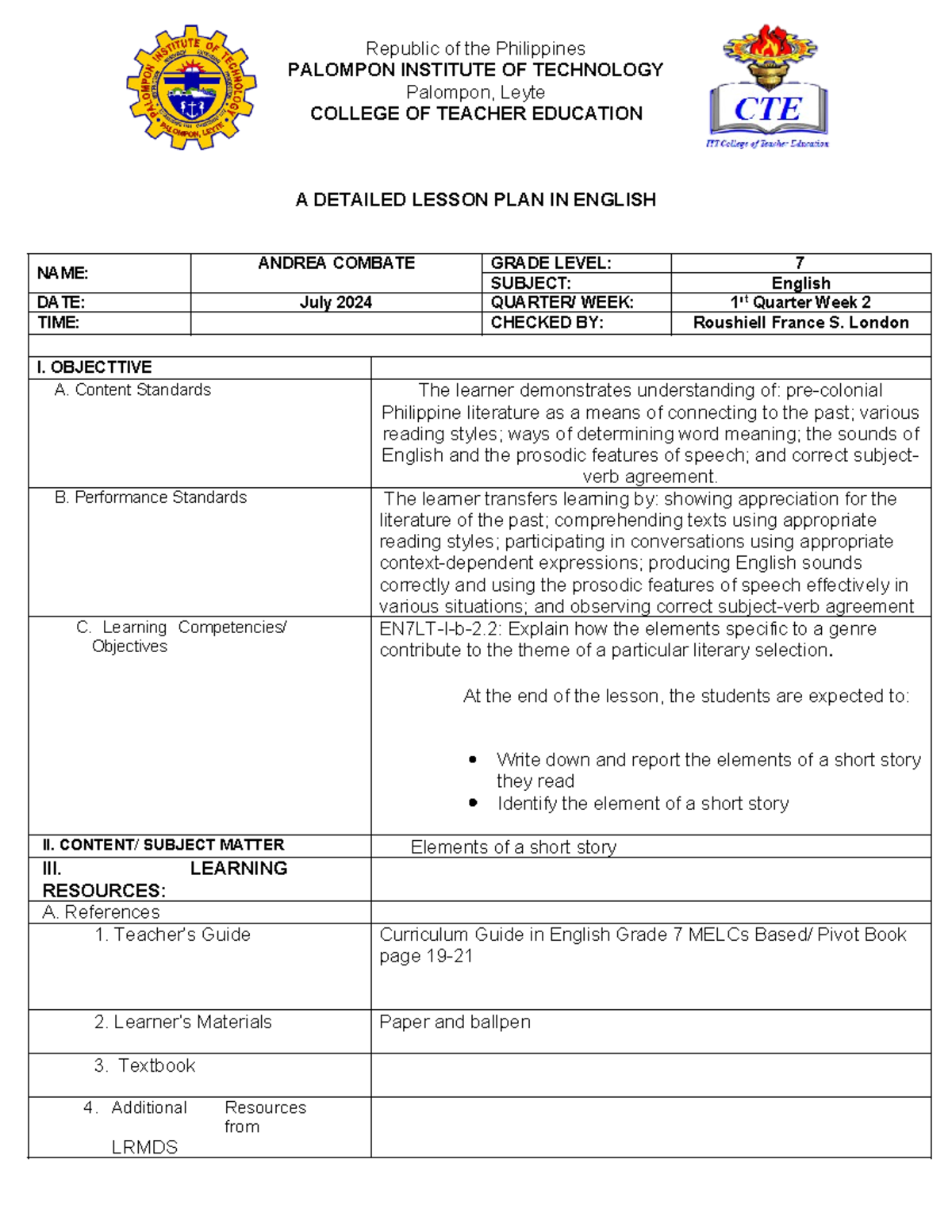 Lesson-PLAN- Template - A DETAILED LESSON PLAN IN ENGLISH NAME: ANDREA ...