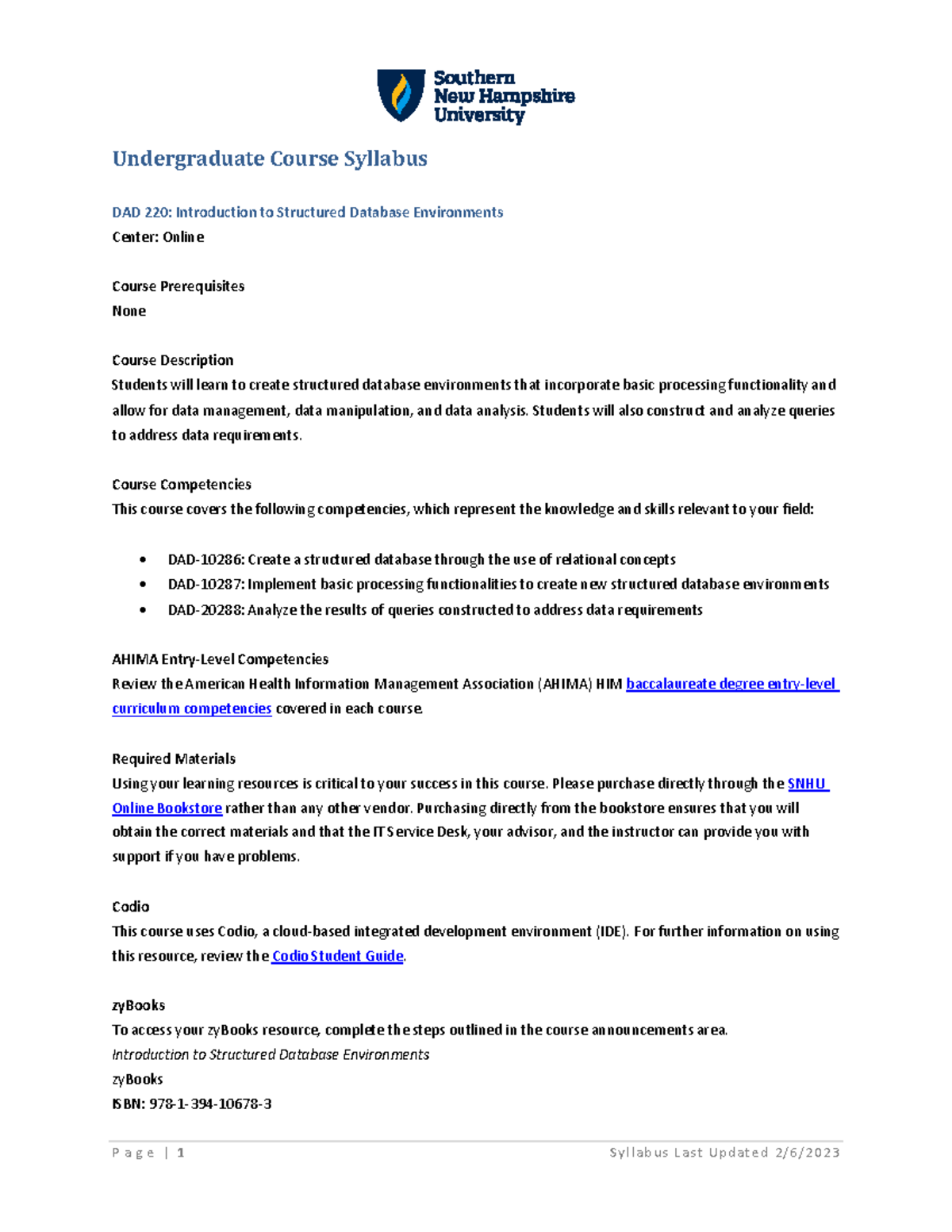 DAD 220 Syllabus - ADA - Undergraduate Course Syllabus DAD 220 ...